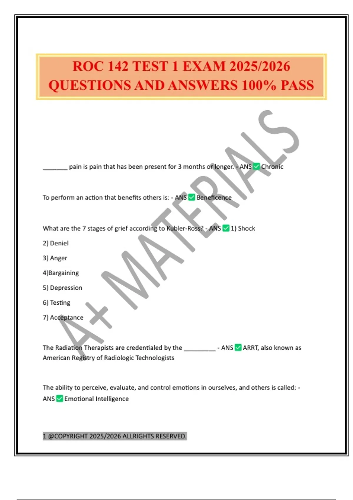 ROC 142 TEST 1 EXAM 2025/2026 QUESTIONS AND ANSWERS 100% PASS - ROC 142 ...