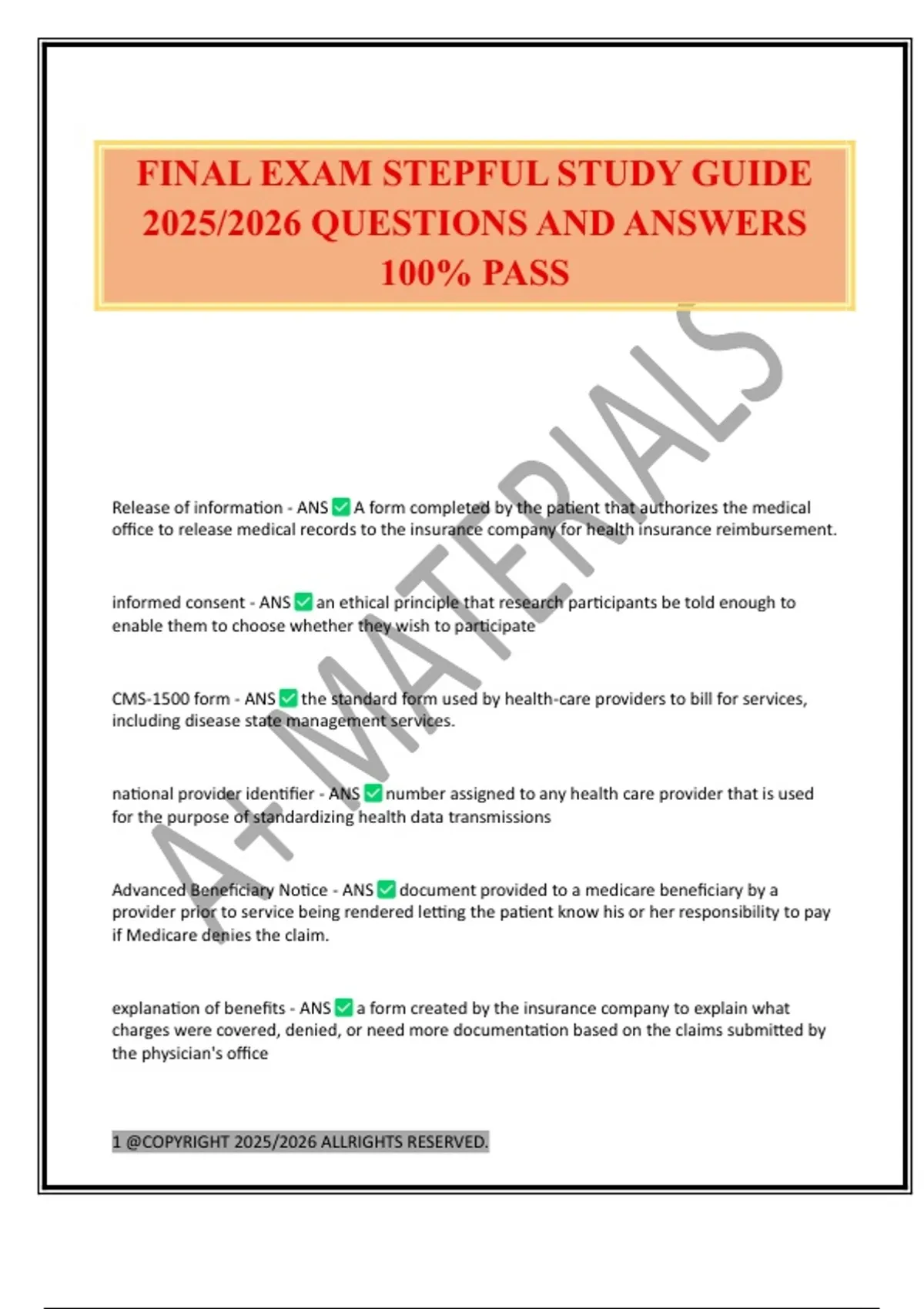 FINAL EXAM STEPFUL STUDY GUIDE 2025/2026 QUESTIONS AND ANSWERS 100% ...