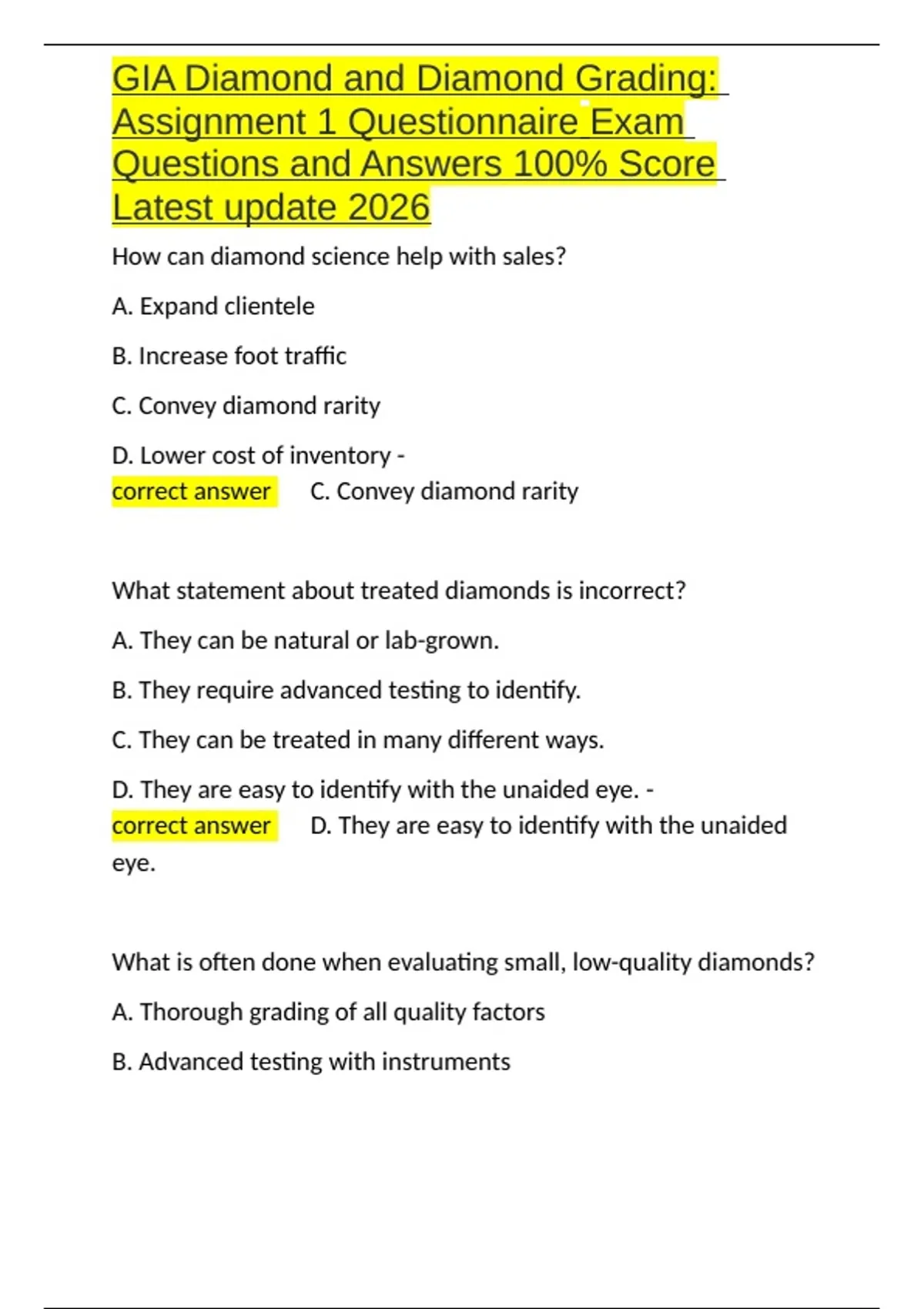 GIA Diamond and Diamond Grading Assignment 1 Questionnaire Exam ...