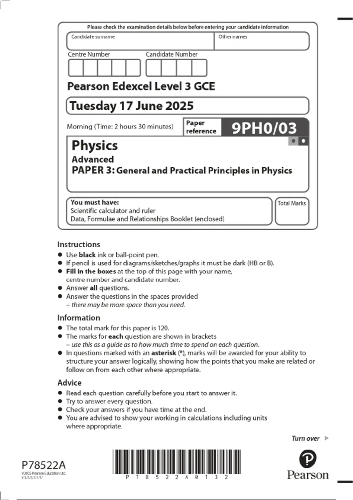 2025 Pearson Edexcel Level 3 GCE Physics Advanced PAPER 3: General and ...