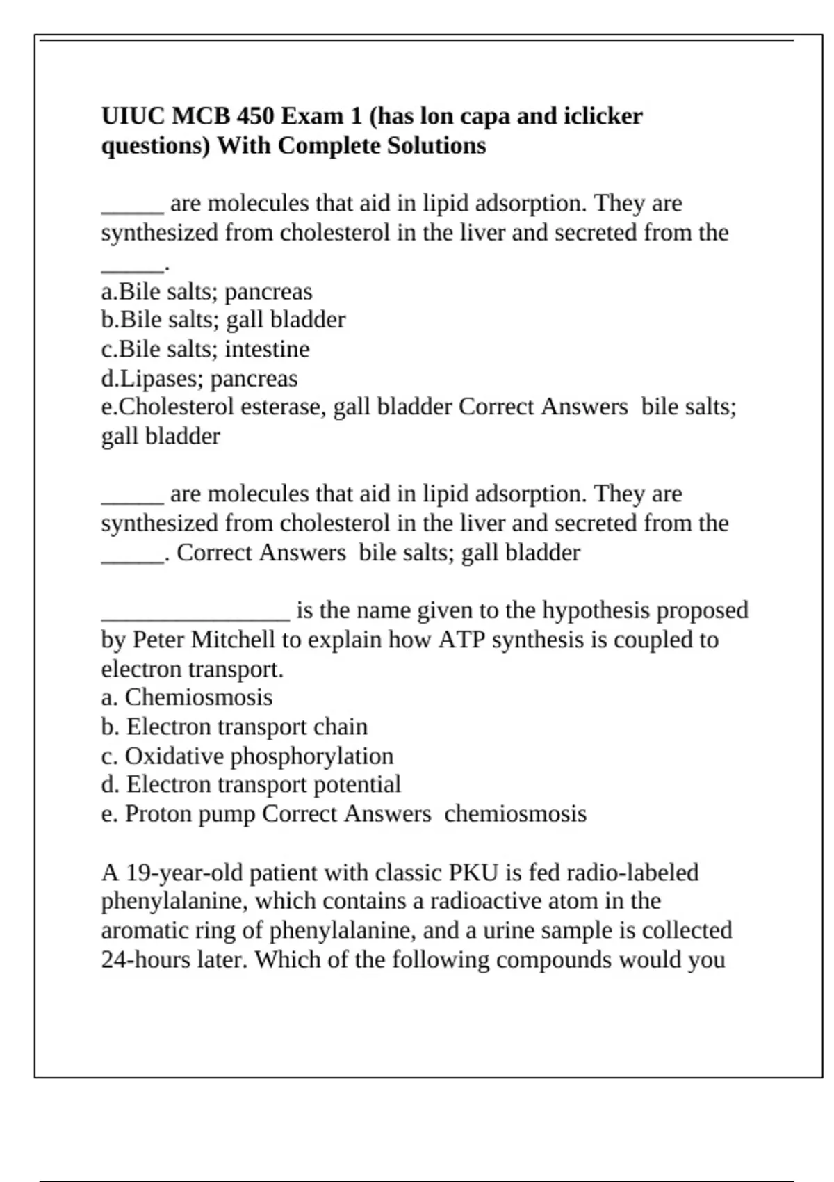 UIUC MCB 450 Exam 1 (has lon capa and iclicker questions) With Complete ...