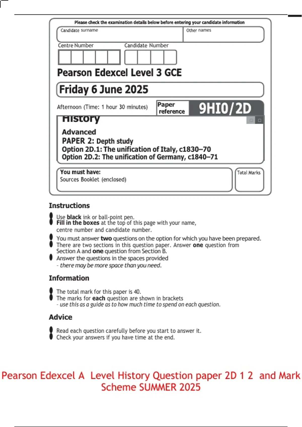 Pearson Edexcel A Level History Question paper 2D 1 2 and Mark Scheme ...
