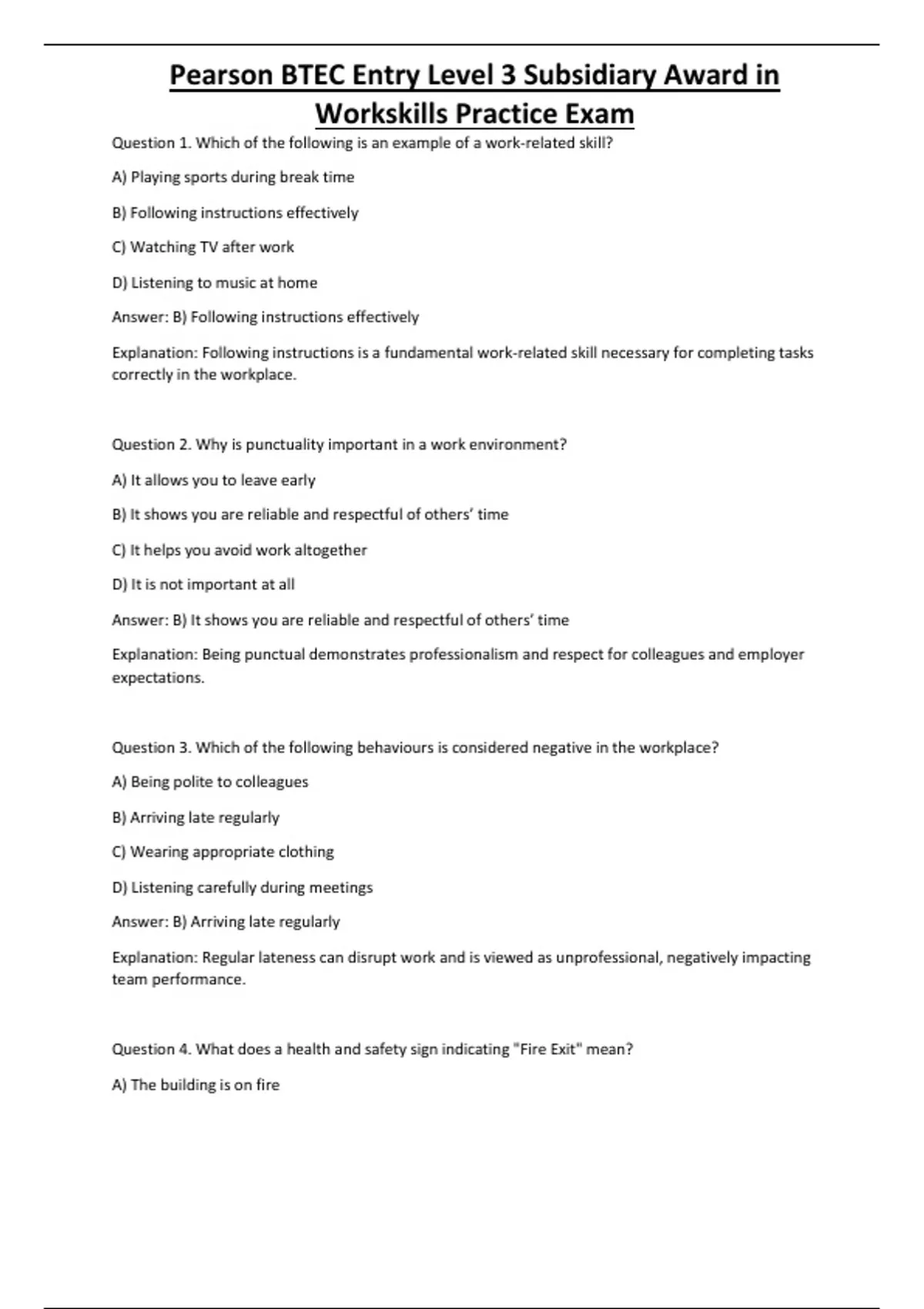 Pearson BTEC Entry Level 3 Subsidiary Award in Workskills Practice Exam ...