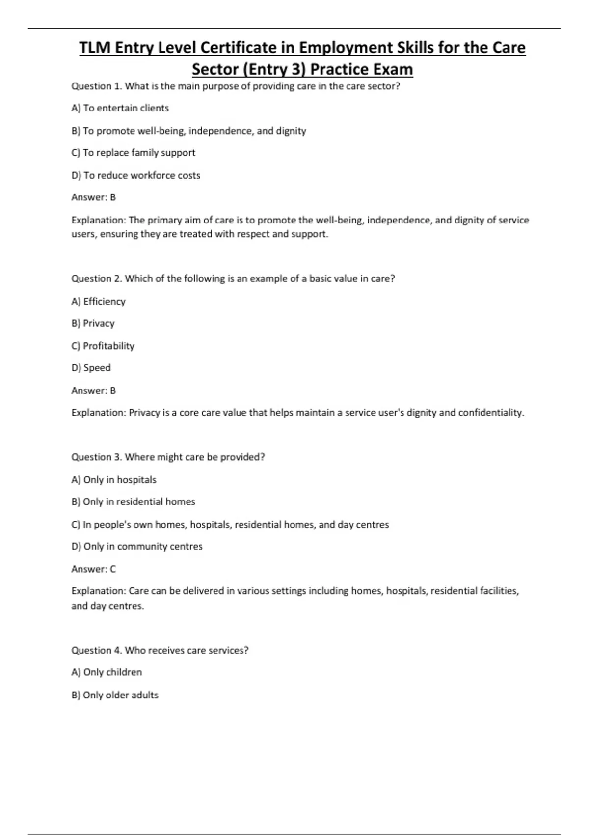 TLM Entry Level Certificate in Employment Skills for the Care Sector ...