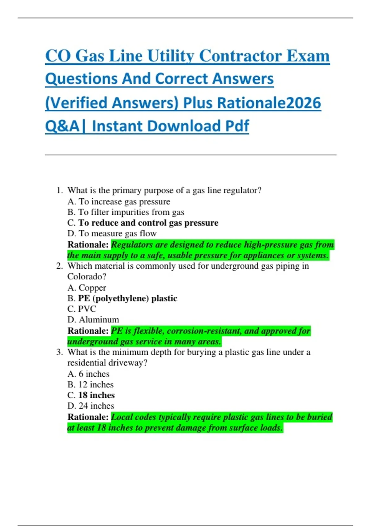 CO Gas Line Utility Contractor Exam Questions And Correct Answers ...