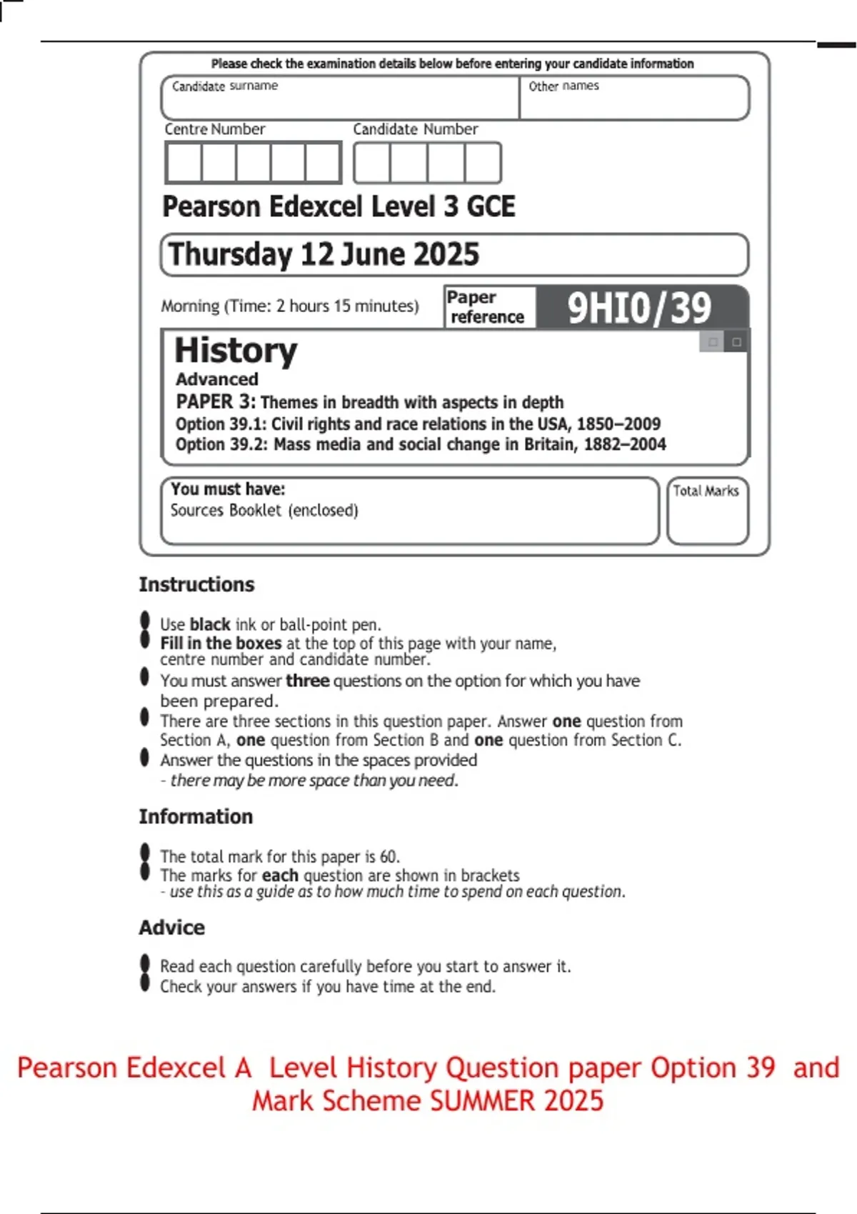 Pearson Edexcel A Level History Question paper Option 39 and Mark ...