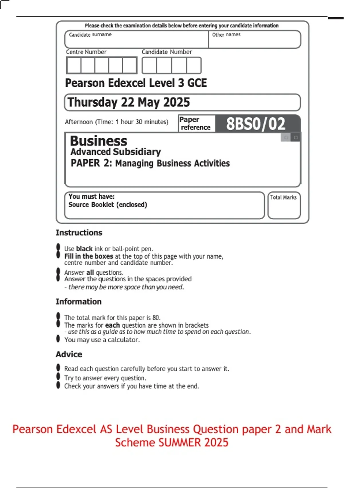 Pearson Edexcel AS Level Business Question paper 2 and Mark Scheme ...