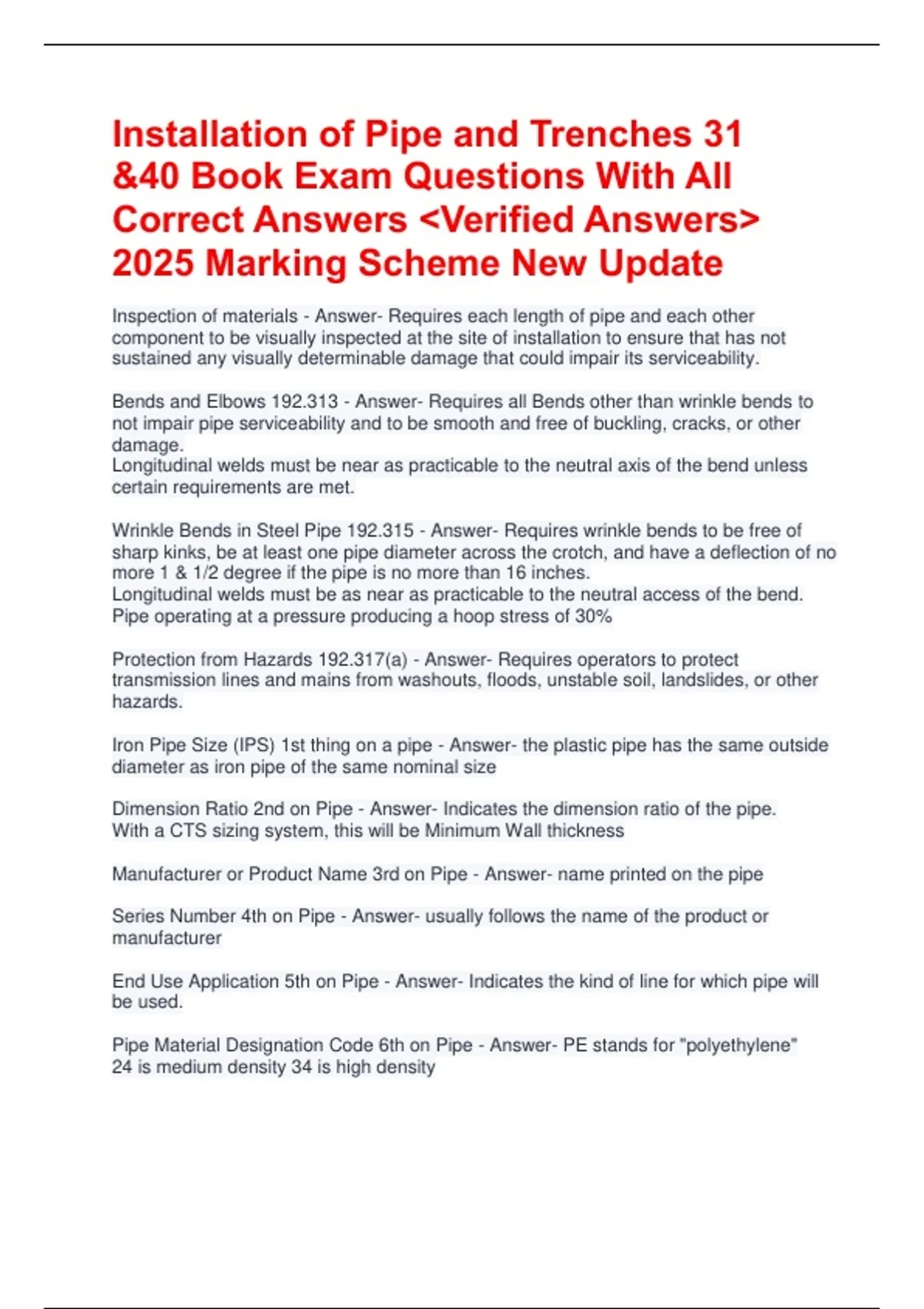 Installation of Pipe and Trenches 31 &40 Book Exam Questions With All ...