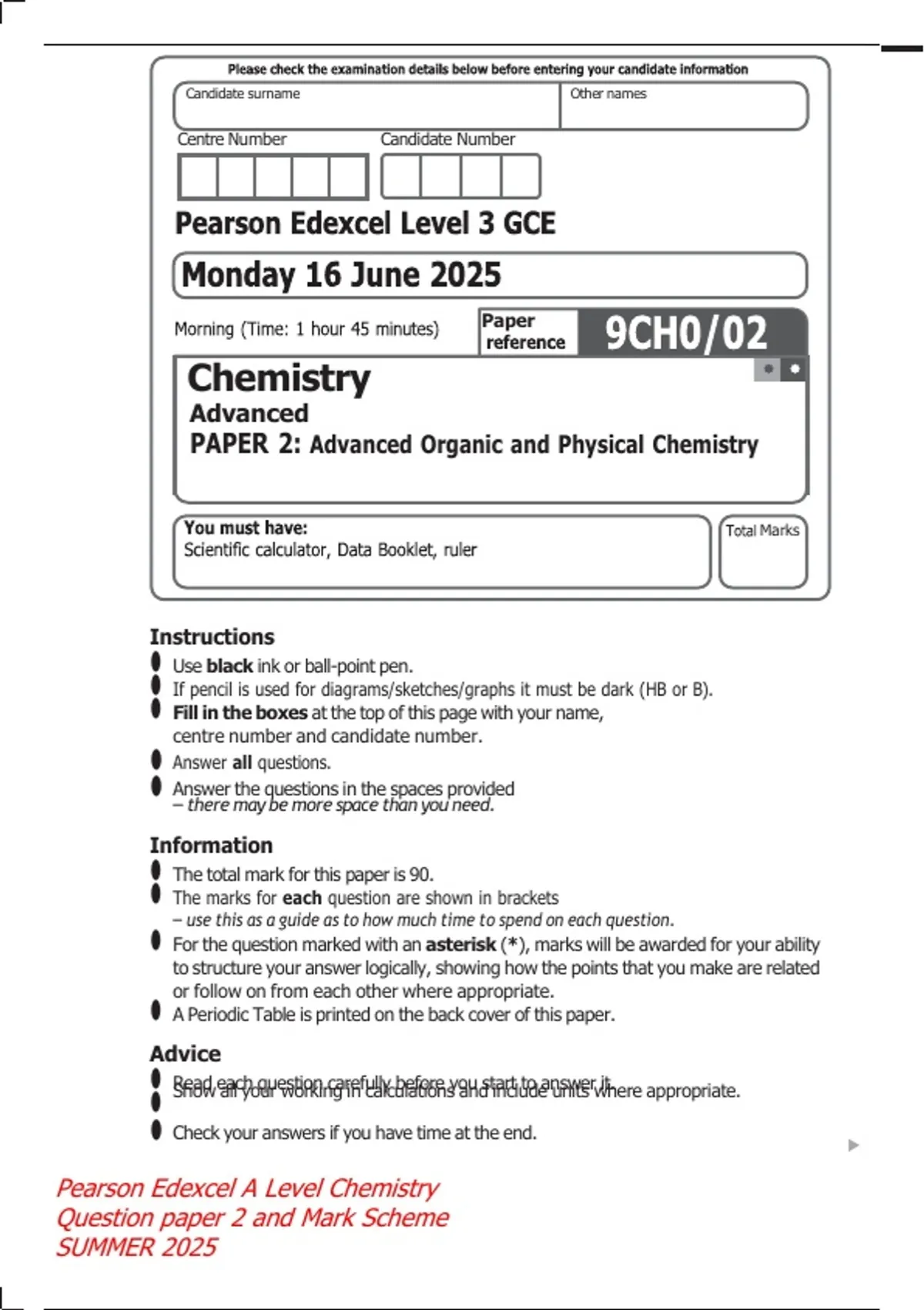 Pearson Edexcel A Level Chemistry Question paper 2 and Mark Scheme ...