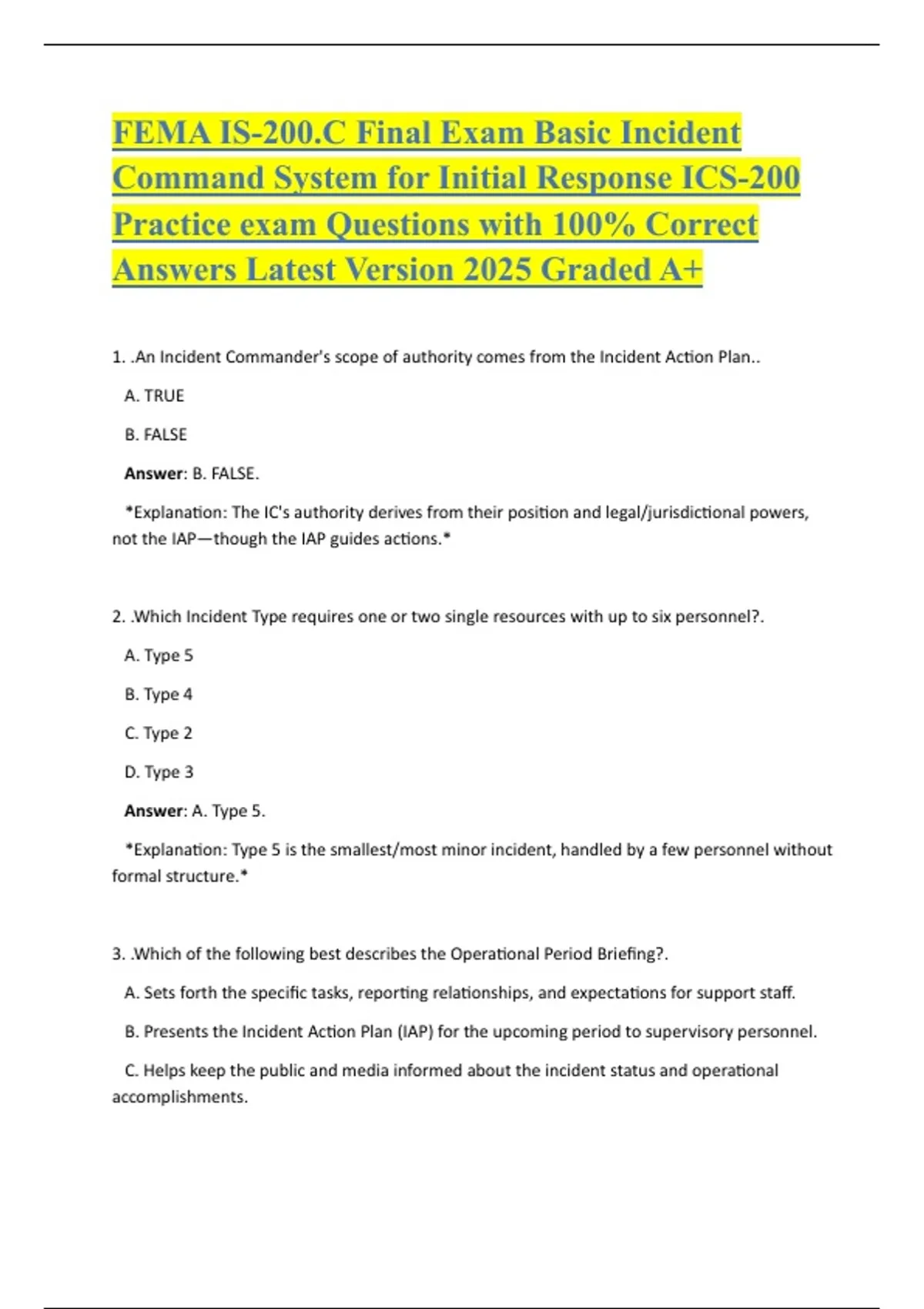 FEMA IS-200.C Final Exam Basic Incident Command System for Initial ...