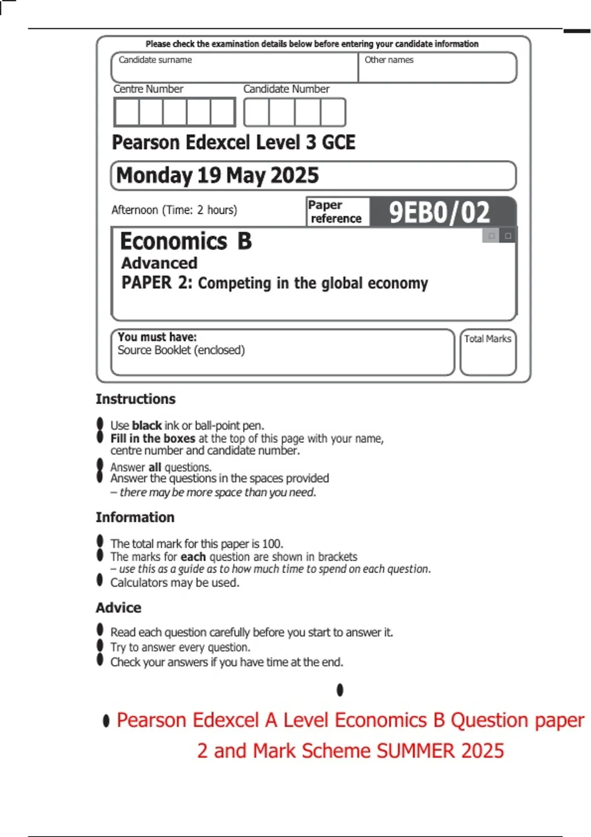 Pearson Edexcel A Level Economics B Question paper 2 and Mark Scheme ...