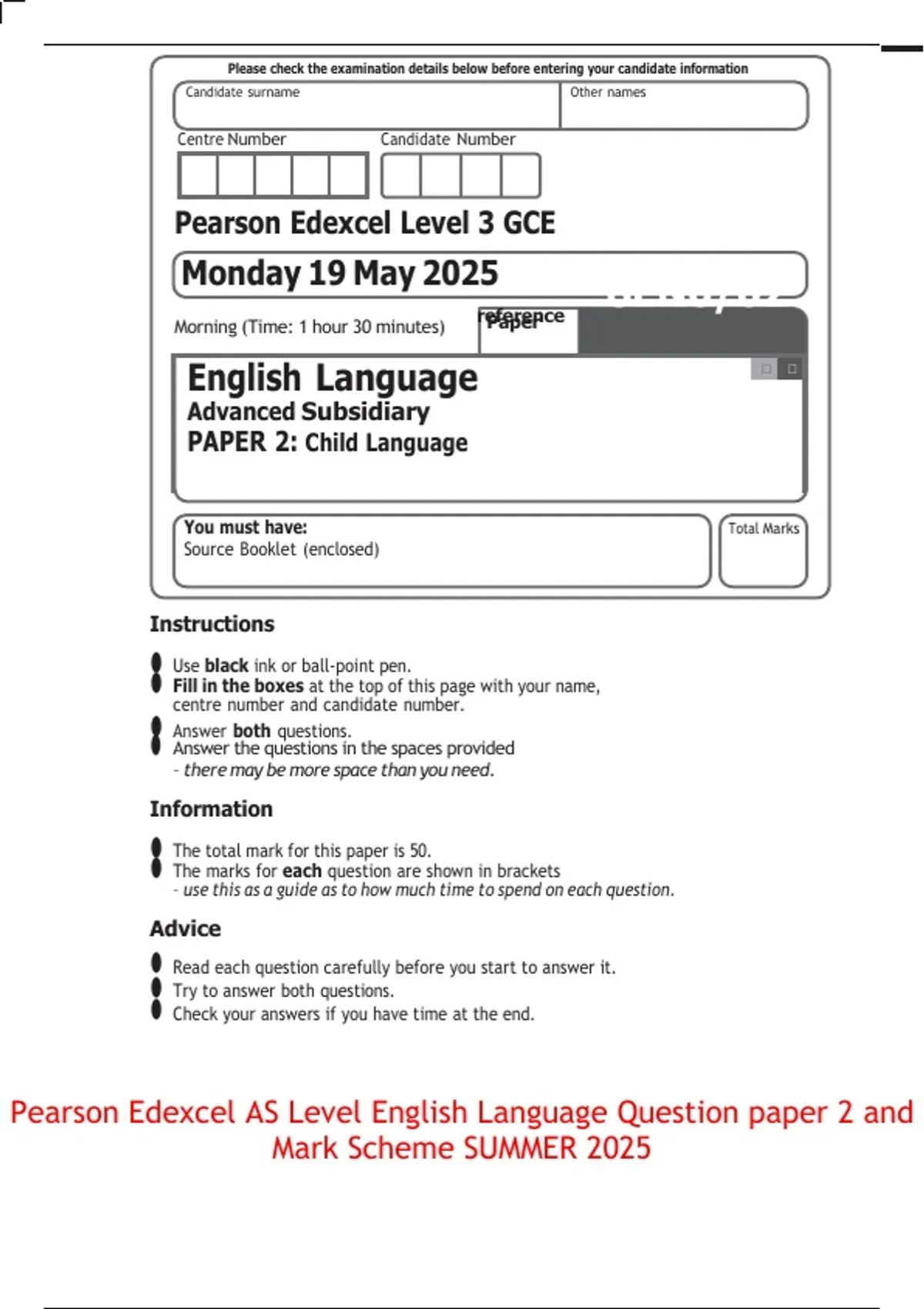 Pearson Edexcel AS Level English Language Question paper 2 and Mark ...