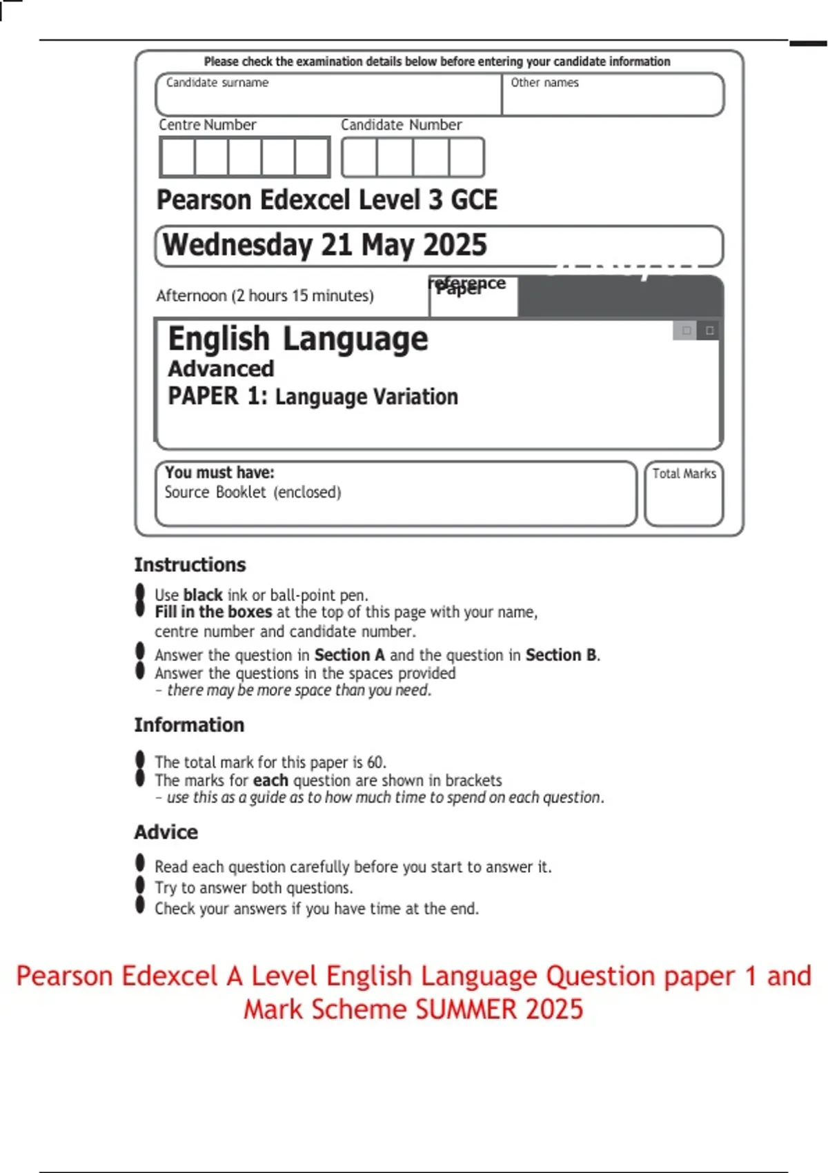 Pearson Edexcel A Level English Language Question paper 1 and Mark ...