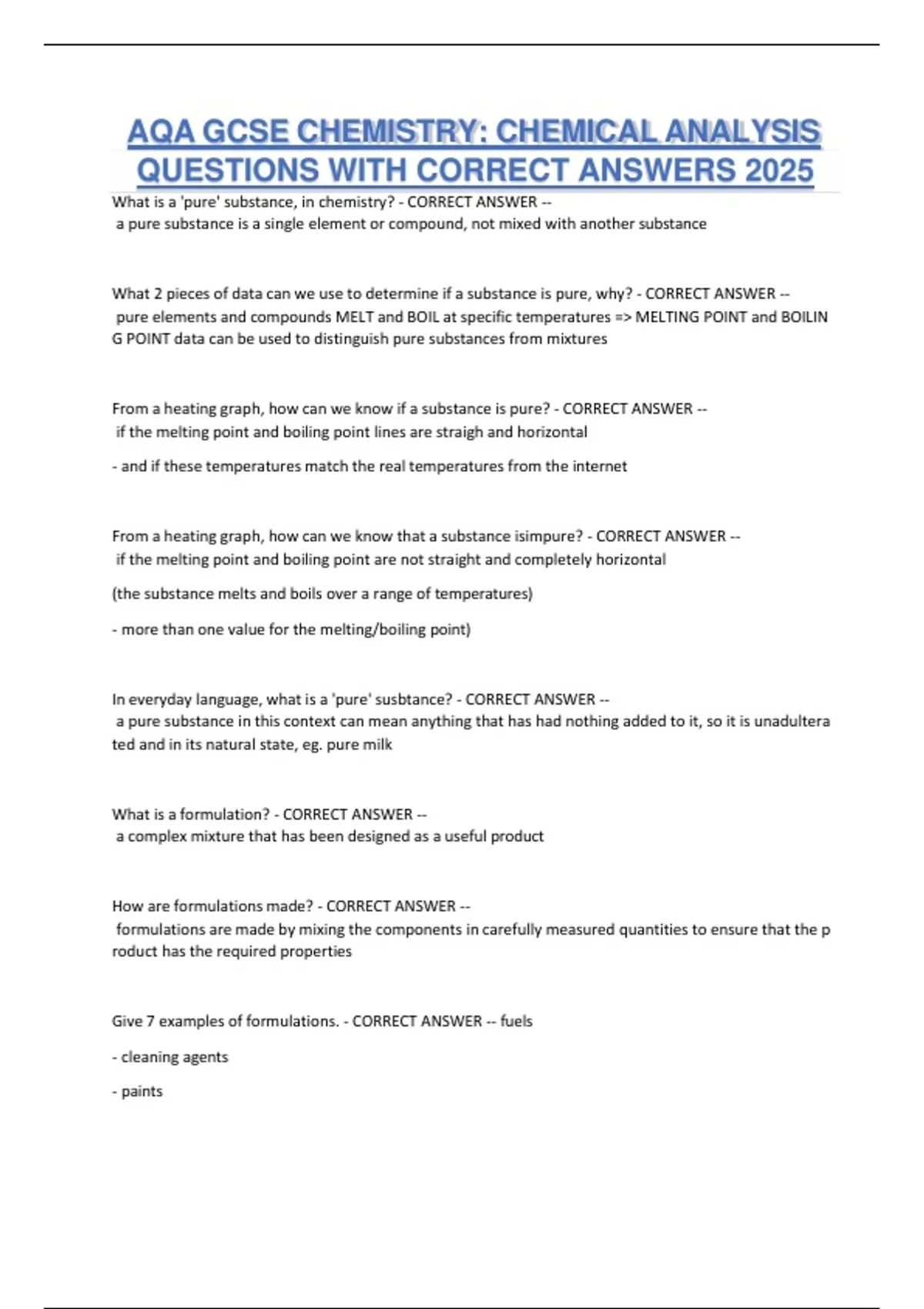 AQA GCSE CHEMISTRY: CHEMICAL ANALYSIS QUESTIONS WITH CORRECT ANSWERS ...