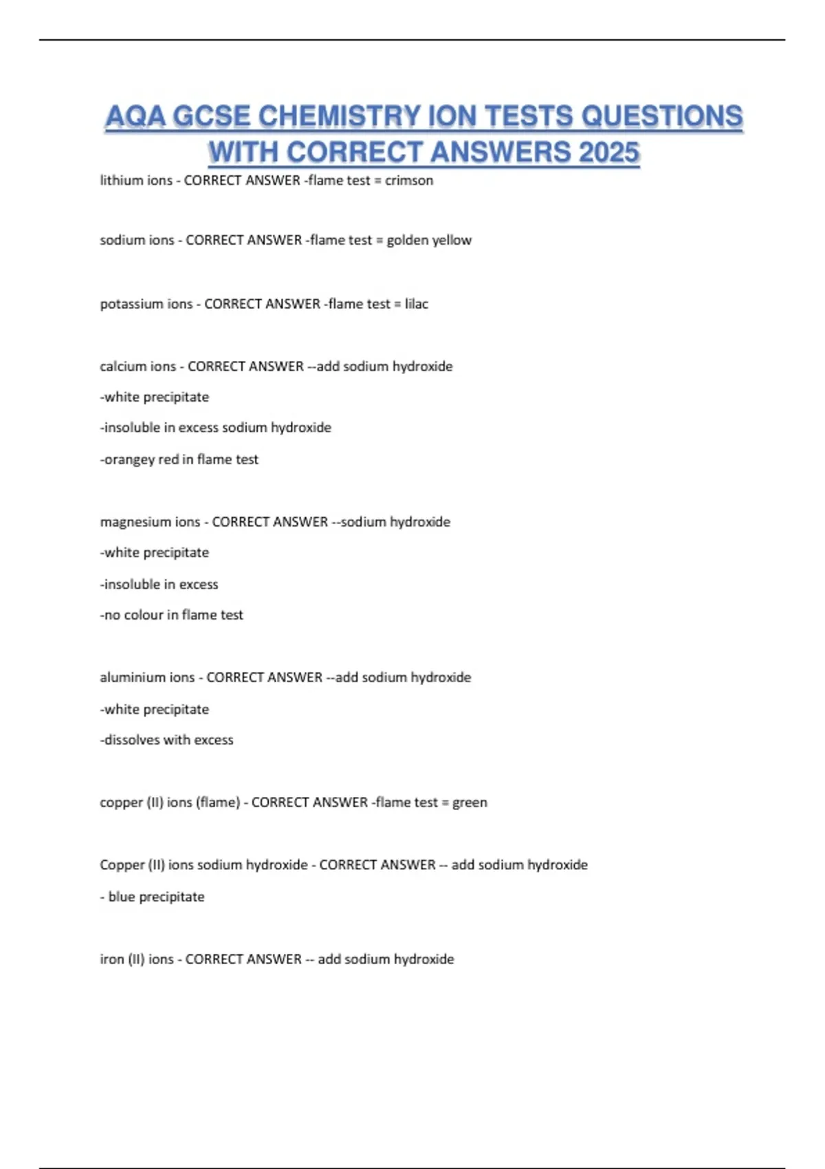AQA GCSE CHEMISTRY ION TESTS QUESTIONS WITH CORRECT ANSWERS 2025 - AQA ...