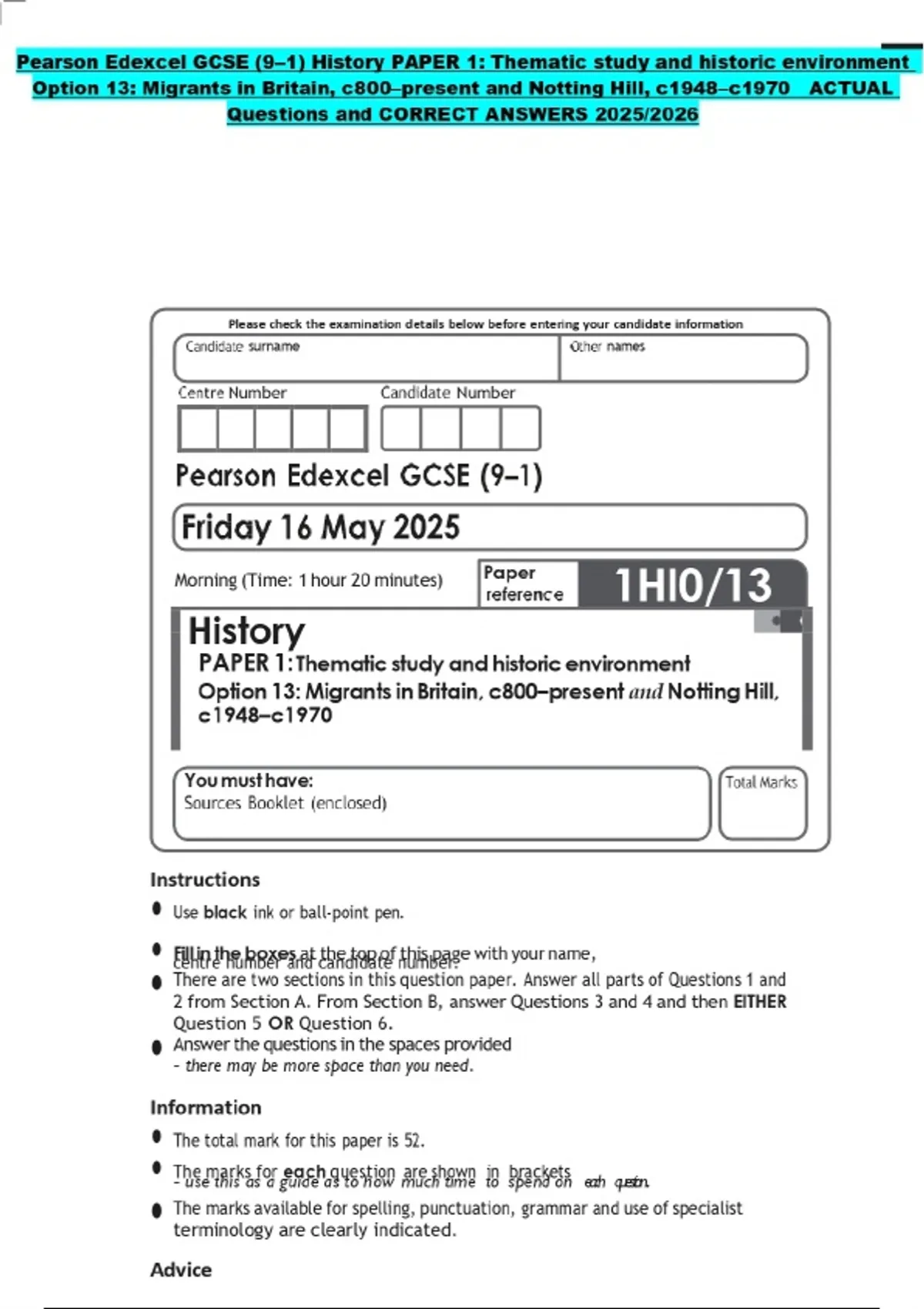 Pearson Edexcel GCSE (9–1) History PAPER 1: Thematic study and historic ...