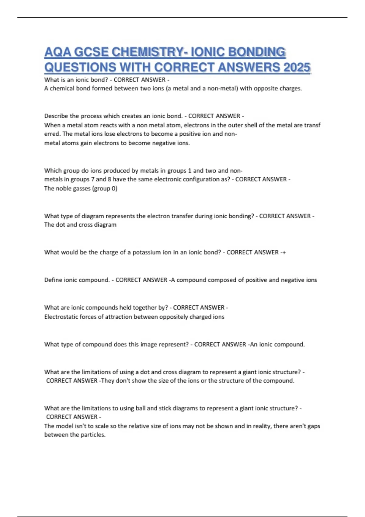 AQA GCSE CHEMISTRY- IONIC BONDING QUESTIONS WITH CORRECT ANSWERS 2025 - AQA GCSE CHEMISTRY ...