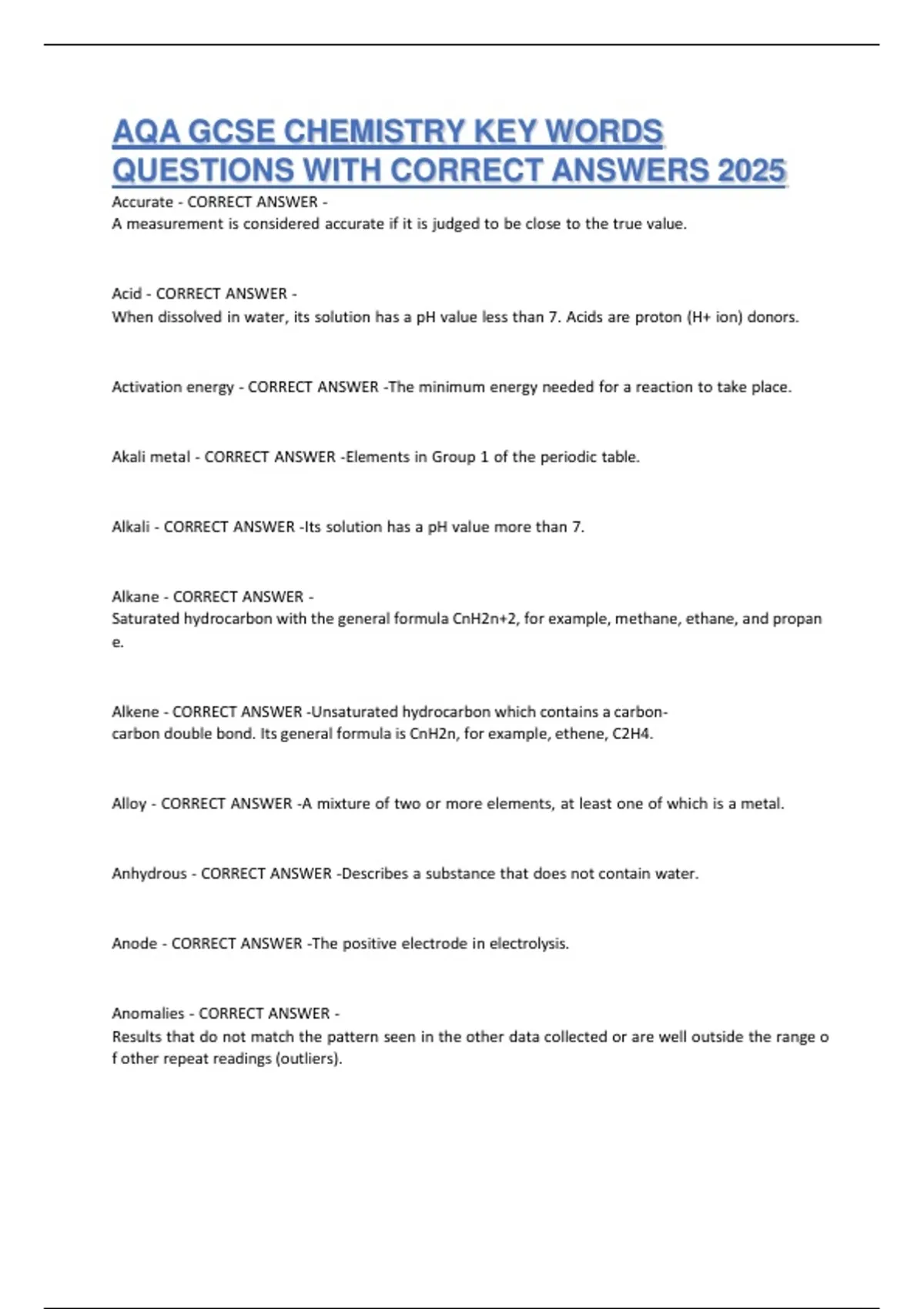 AQA GCSE CHEMISTRY KEY WORDS QUESTIONS WITH CORRECT ANSWERS 2025 - AQA ...