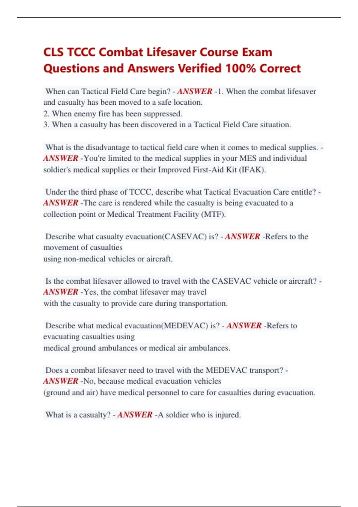 CLS TCCC Combat Lifesaver Course Exam Questions and Answers Verified ...