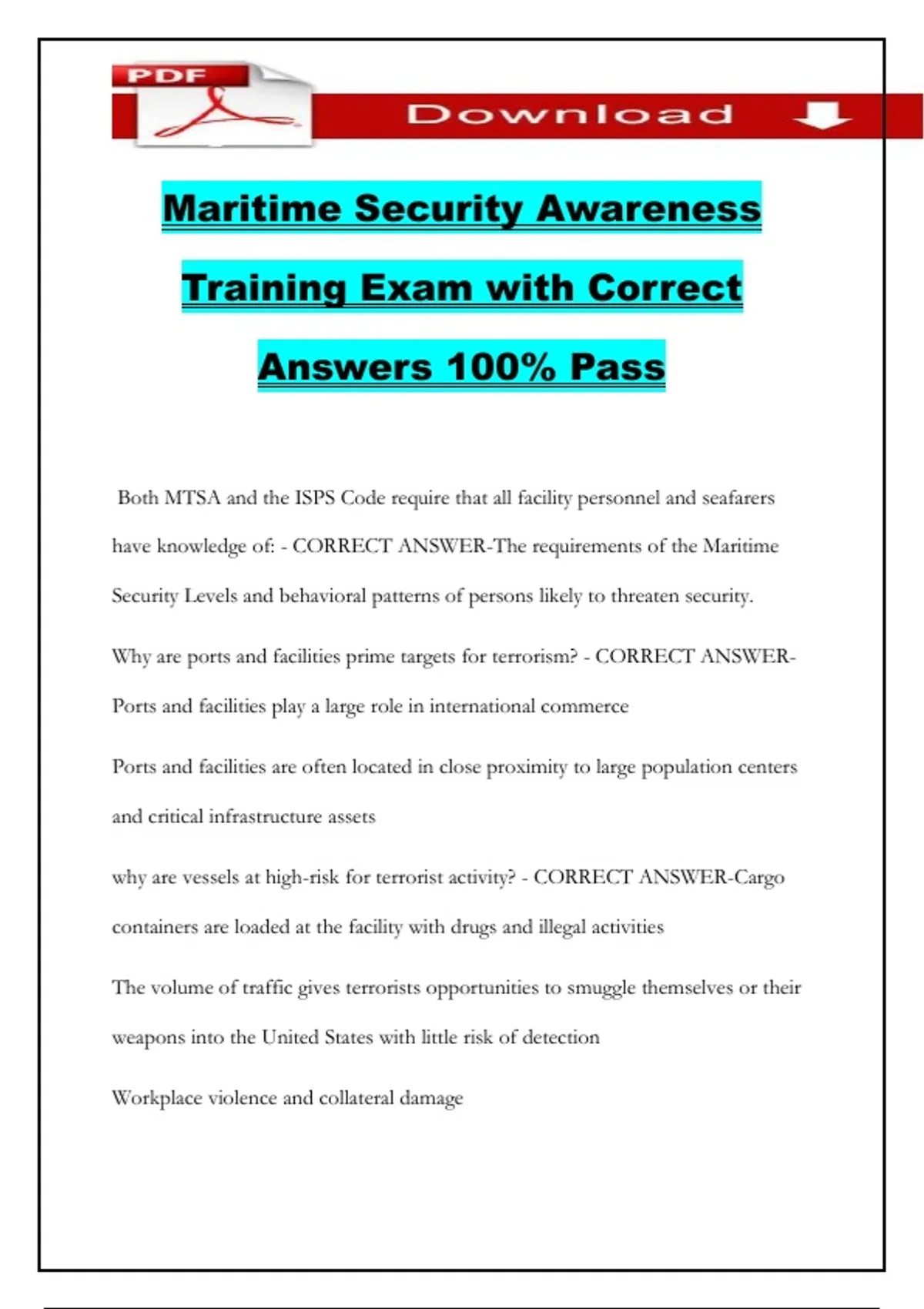 Maritime Security Awareness Training Exam with Correct Answers 100% ...