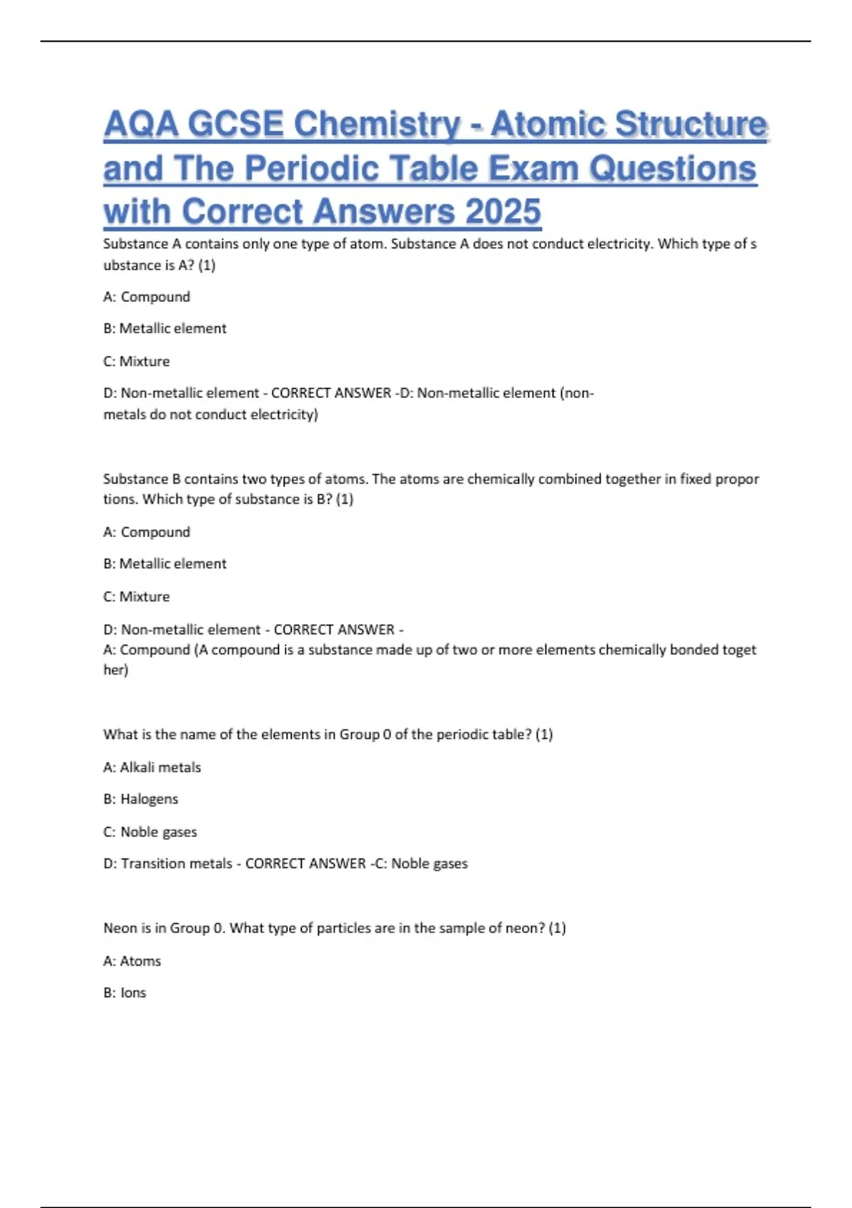 AQA GCSE Chemistry - Atomic Structure and The Periodic Table Exam ...