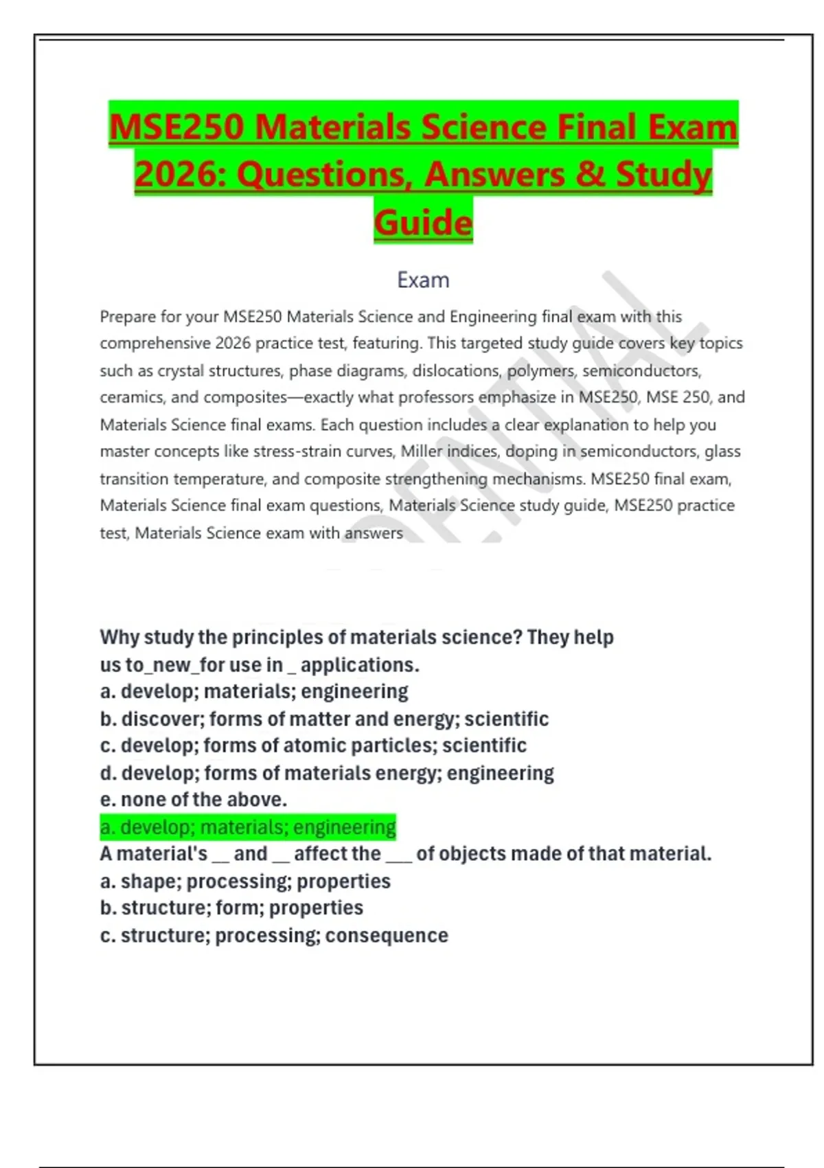 MSE250 Materials Science Final Exam 2026: Questions, Answers & Study ...