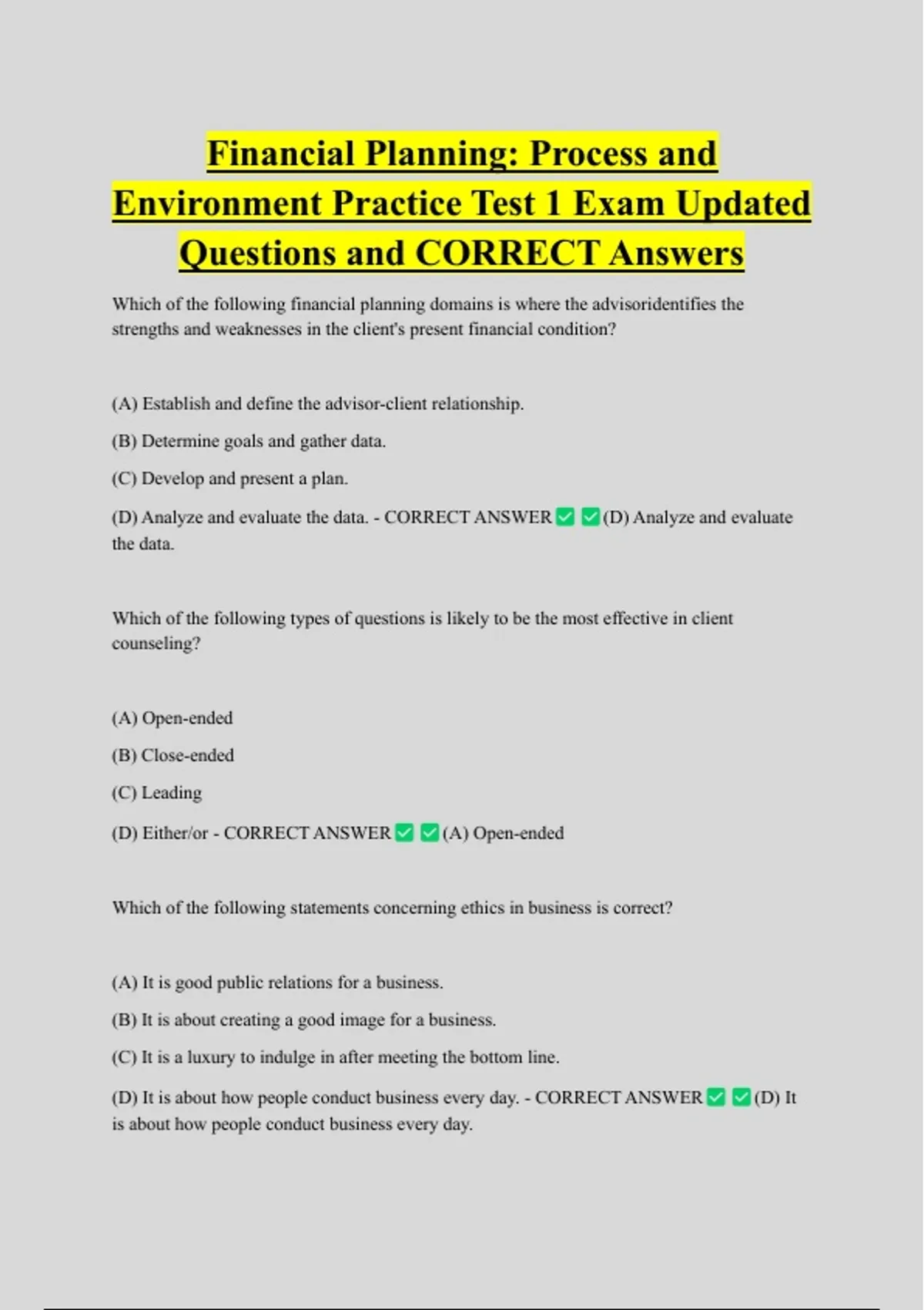 Financial Planning: Process and Environment Practice Test 1 Exam ...
