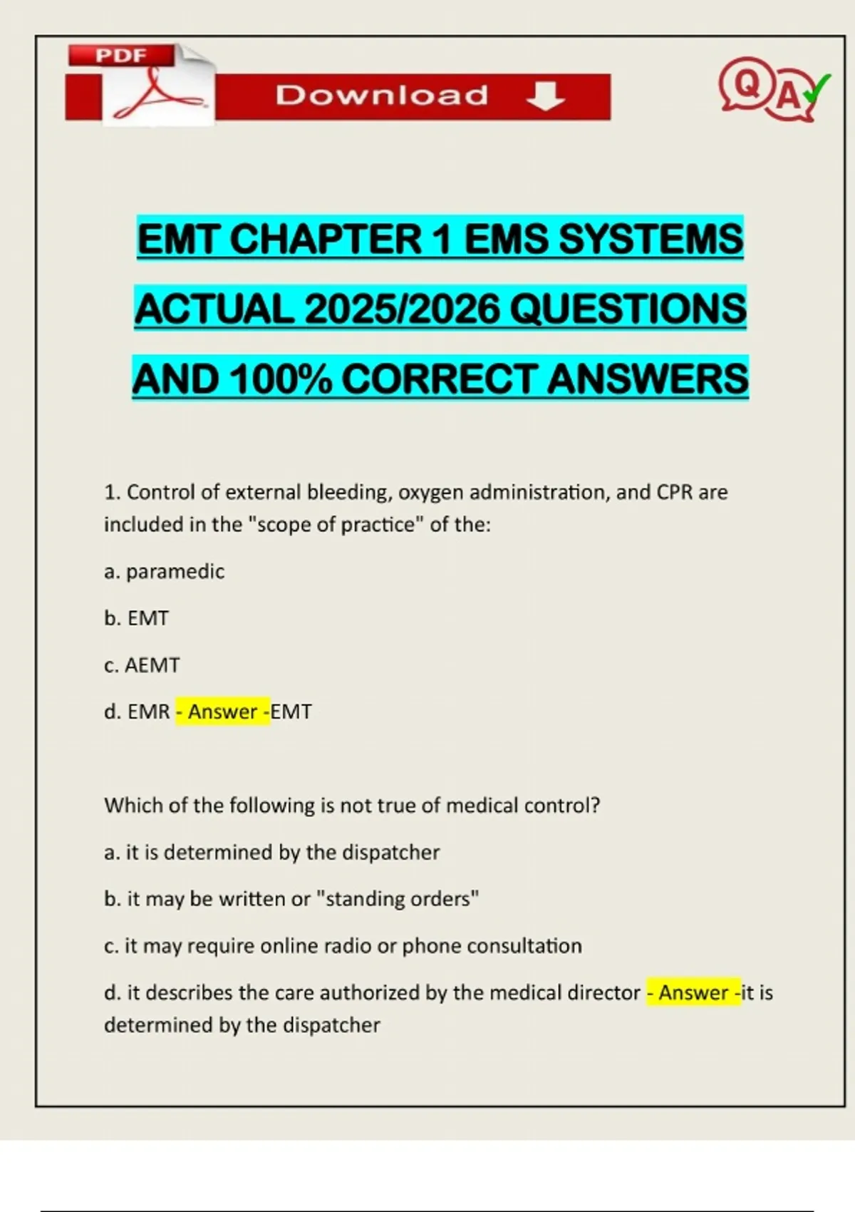 EMT CHAPTER 1 EMS SYSTEMS ACTUAL 2025/2026 QUESTIONS AND 100% CORRECT ...