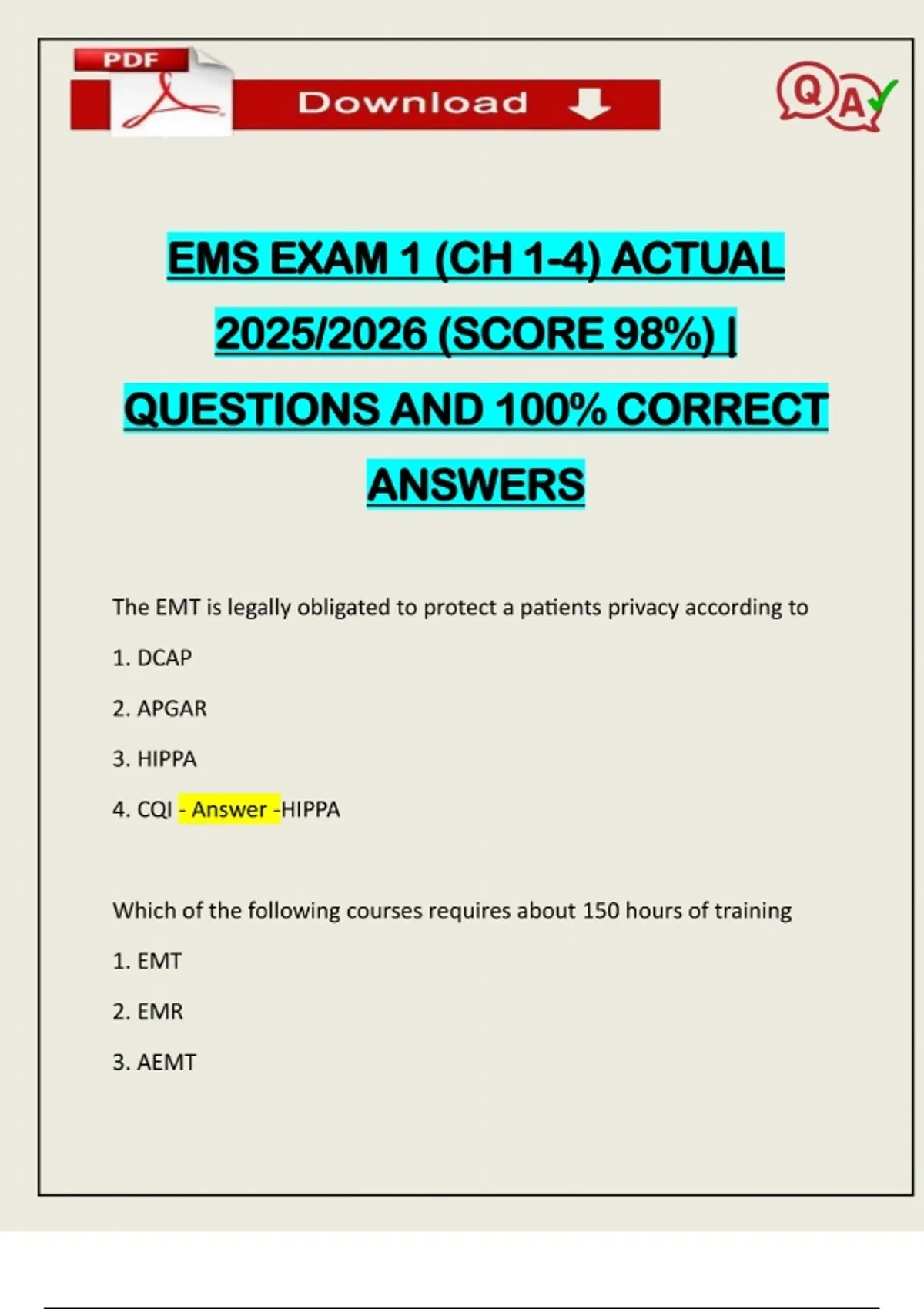 EMS EXAM 1 (CH 1-4) ACTUAL 2025/2026 (SCORE 98%) | QUESTIONS AND 100% ...
