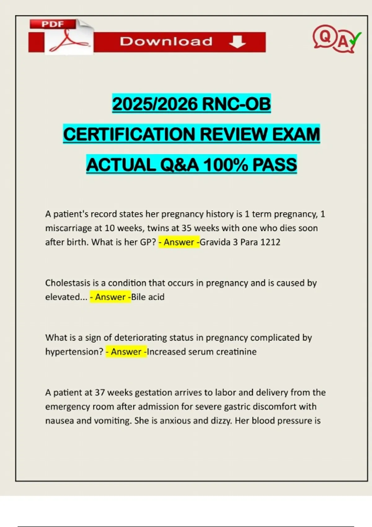 2025/2026 RNC-OB CERTIFICATION REVIEW EXAM ACTUAL Q&A 100% PASS - RNC ...