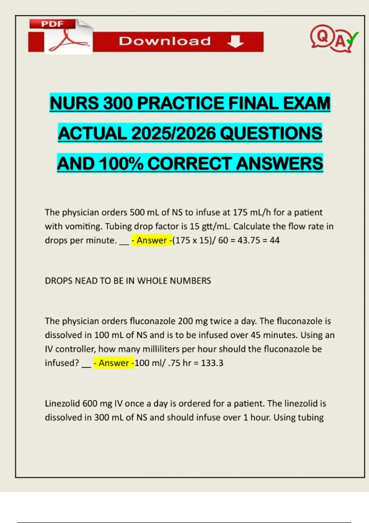 NURS 300 PRACTICE FINAL EXAM ACTUAL 2025/2026 QUESTIONS AND 100% ...