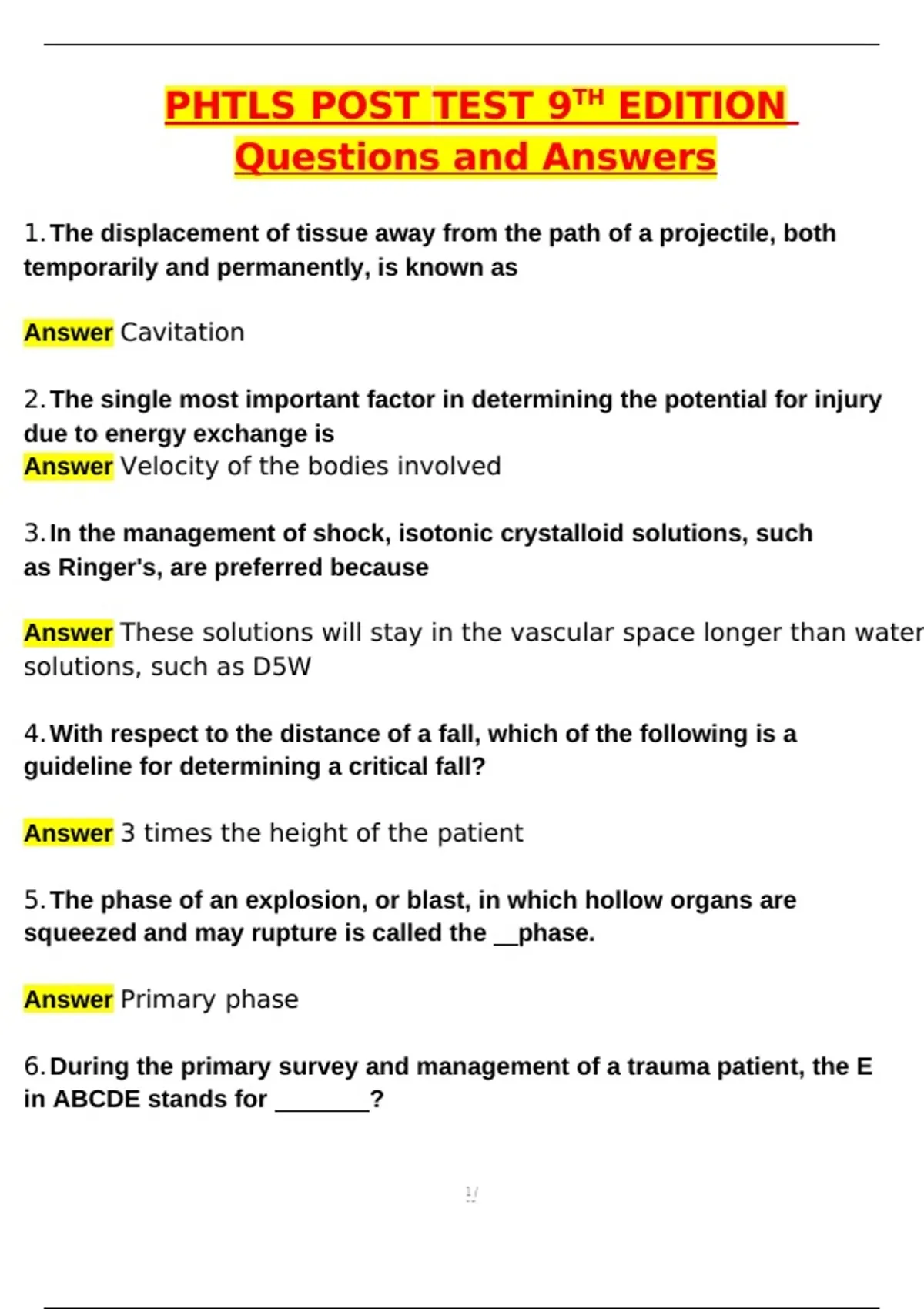PHTLS 9th Edition Post Test (2025 / 2026) Updated Questions and ...