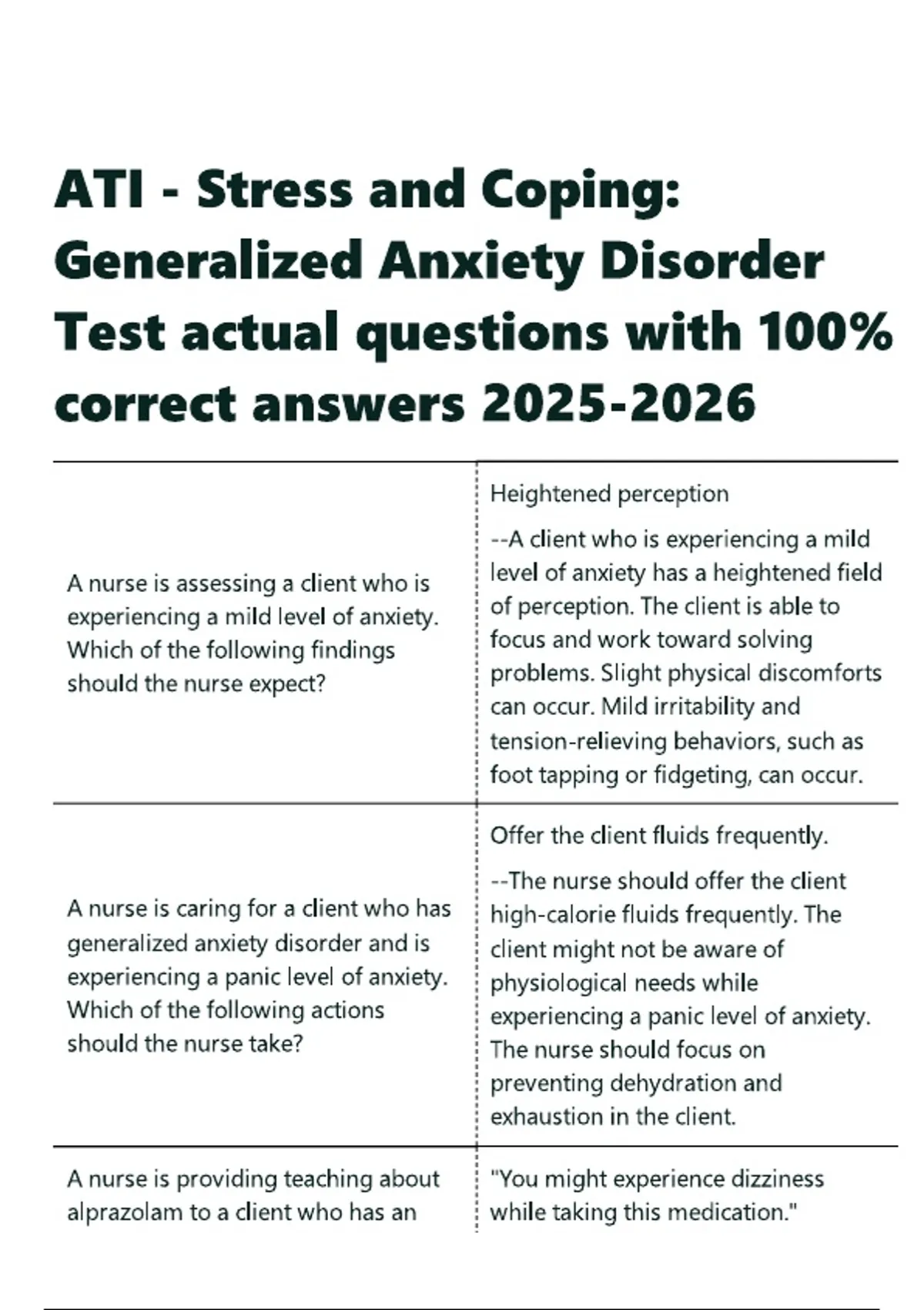 ATI - Stress and Coping Generalized Anxiety Disorder Test actual ...