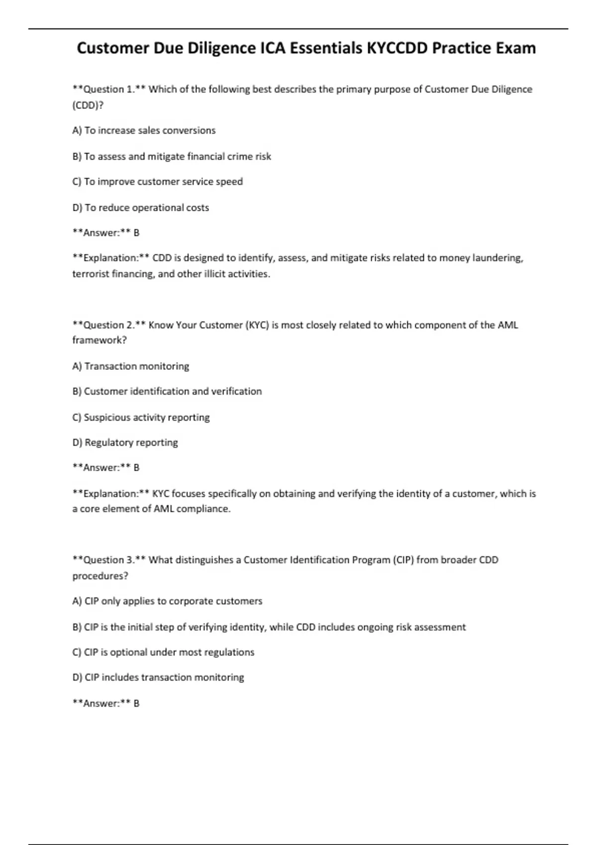Customer Due Diligence ICA Essentials KYCCDD Practice Exam - Computer - Stuvia US