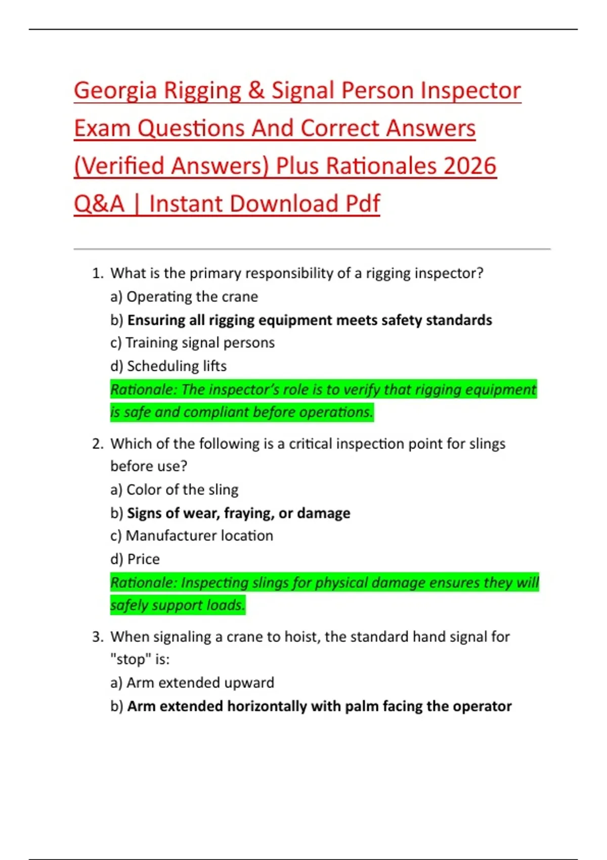 Georgia Rigging & Signal Person Inspector Exam Questions And Correct ...