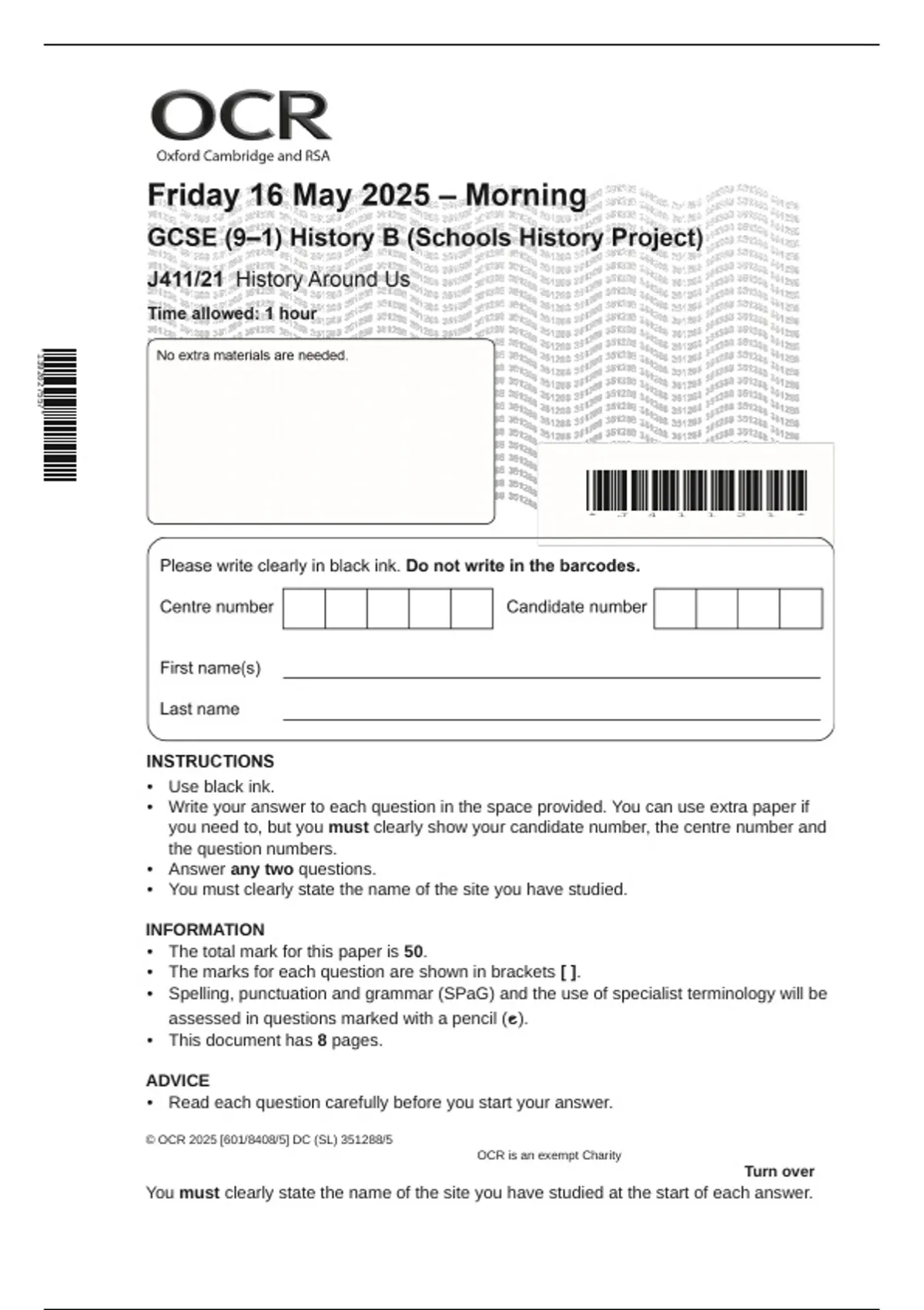 OCR GCSE History B – History Around Us (2025) Actual Exam Paper & Mark ...