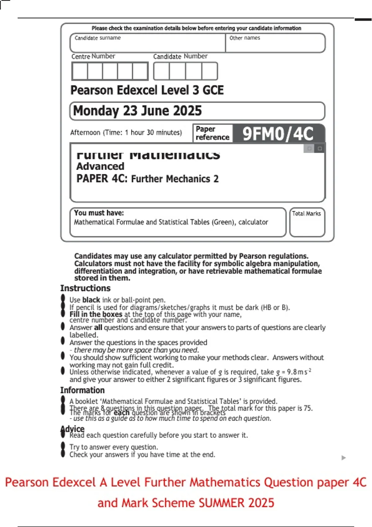 Pearson Edexcel A Level Further Mathematics Question paper 4C and Mark ...