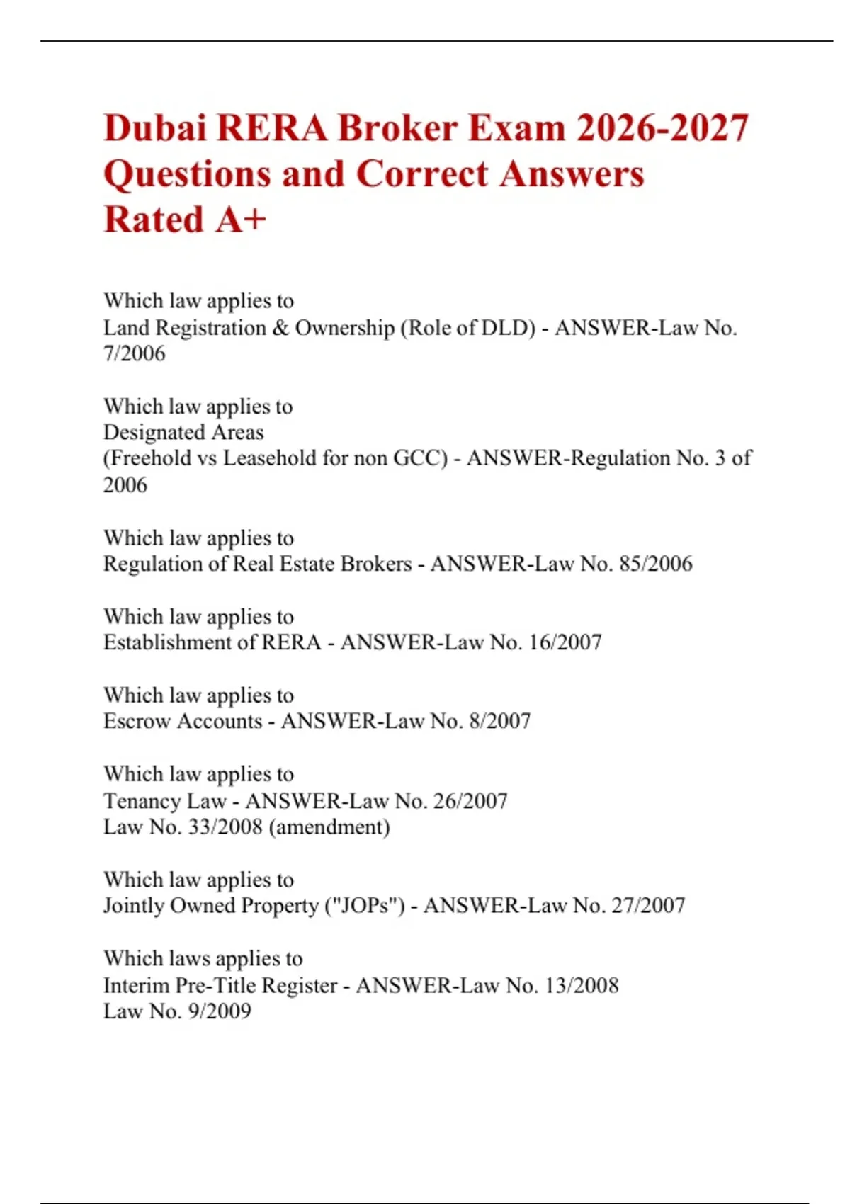 Dubai RERA Broker Exam 2026–2027 | Updated Questions with Correct ...
