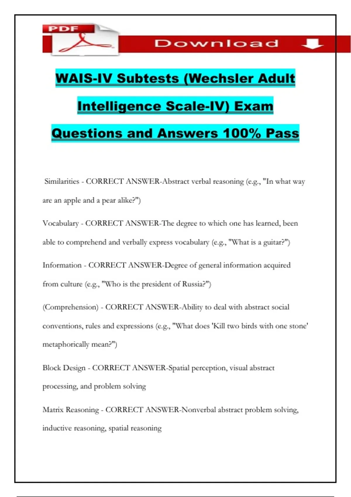 WAIS-IV Subtests (Wechsler Adult Intelligence Scale-IV) Exam Questions ...