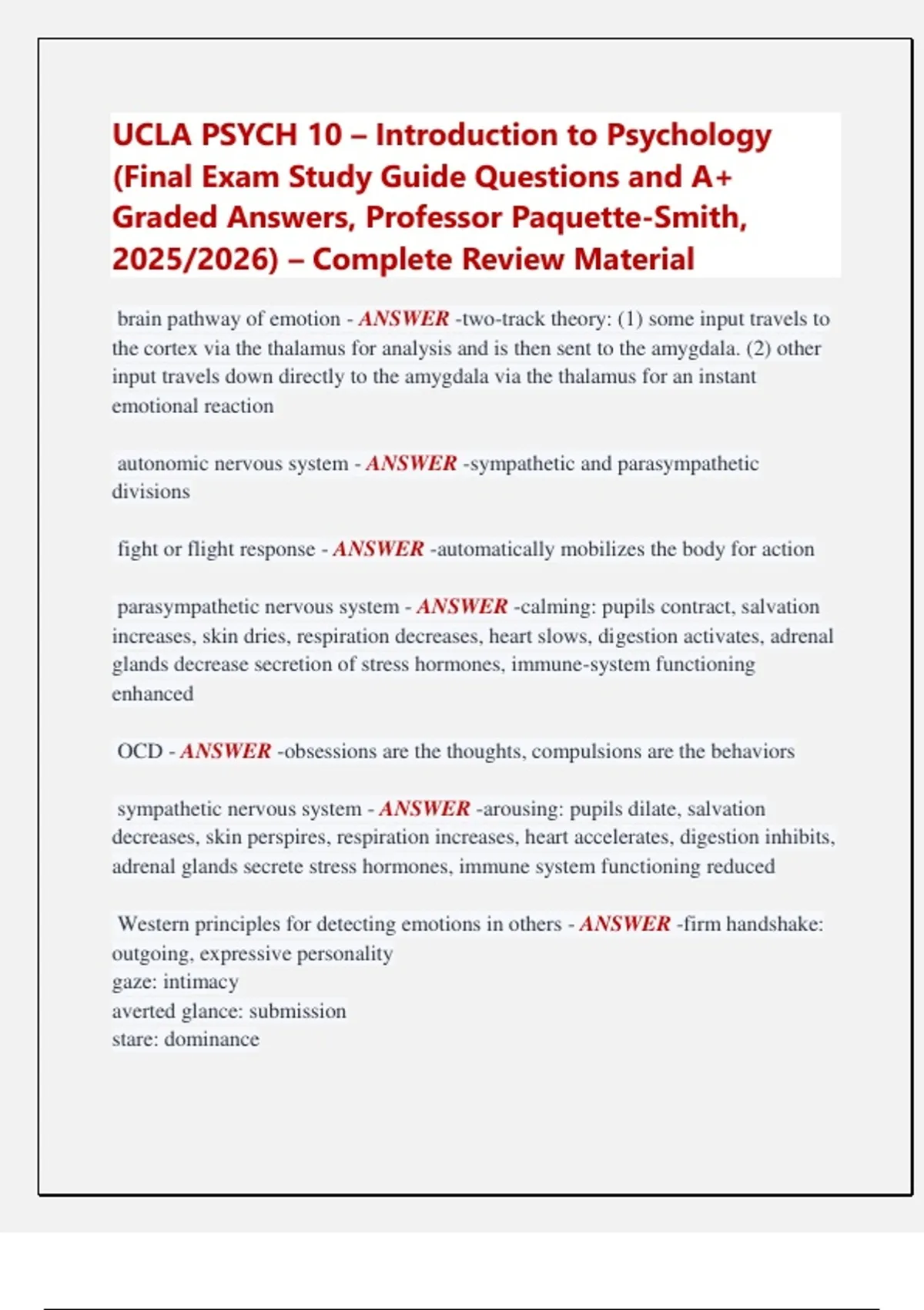 UCLA PSYCH 10 – Introduction to Psychology (Final Exam Study Guide Questions and A+ Graded ...