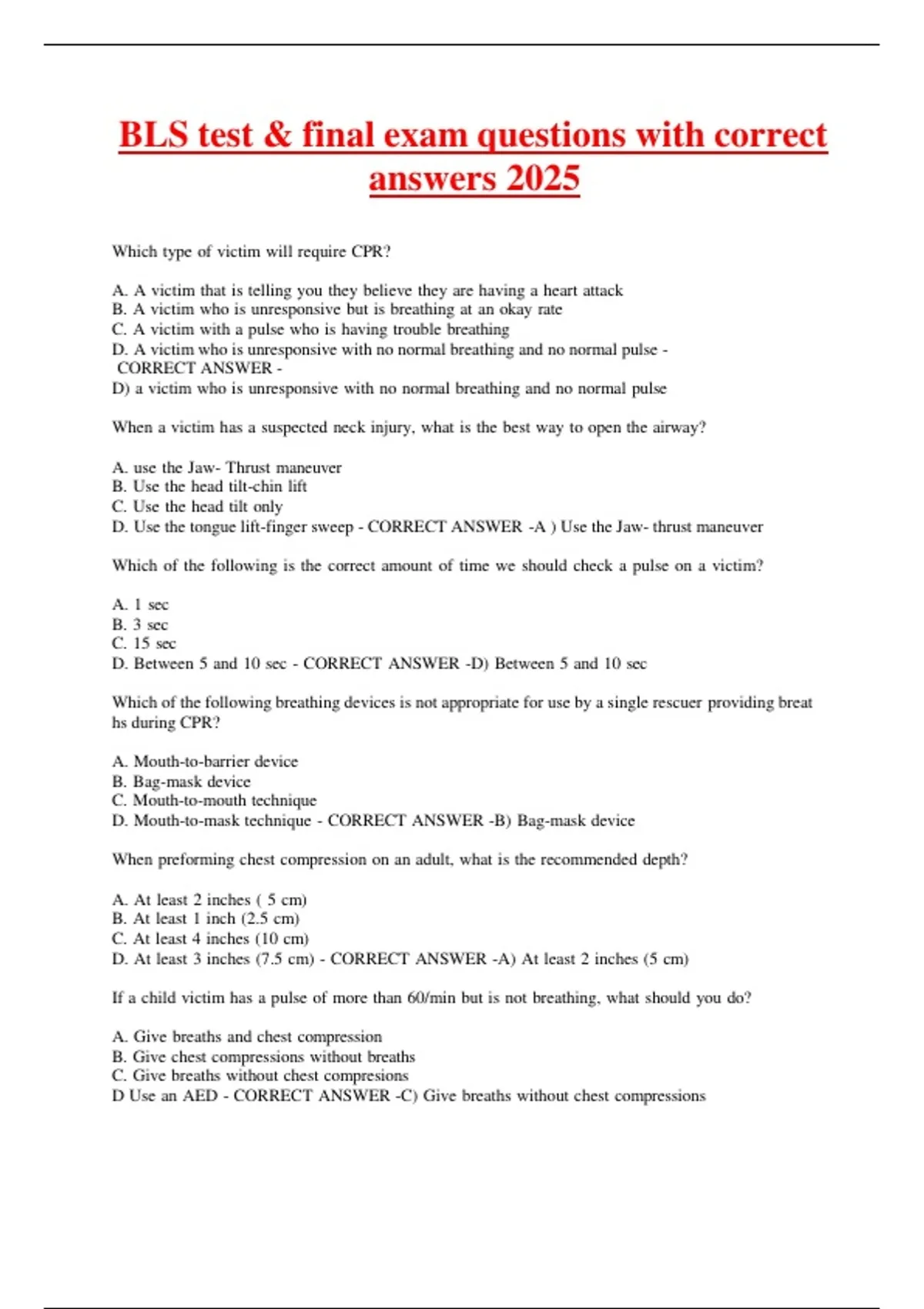 BLS test & final exam questions with correct answers 2025 - BLS te ...