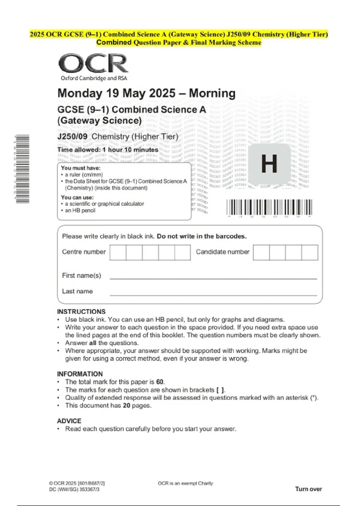 2025 OCR GCSE (9–1) Combined Science A (Gateway Science) J250/09 Chemistry (Higher Tier ...