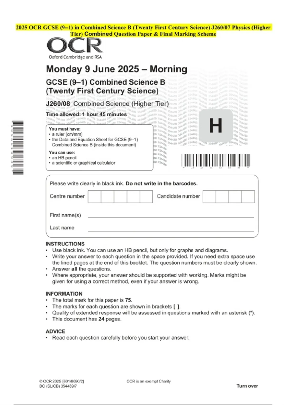 2025 Pearson Edexcel Level 1/Level 2 GCSE (9–1) History BOOKLET B3 ...