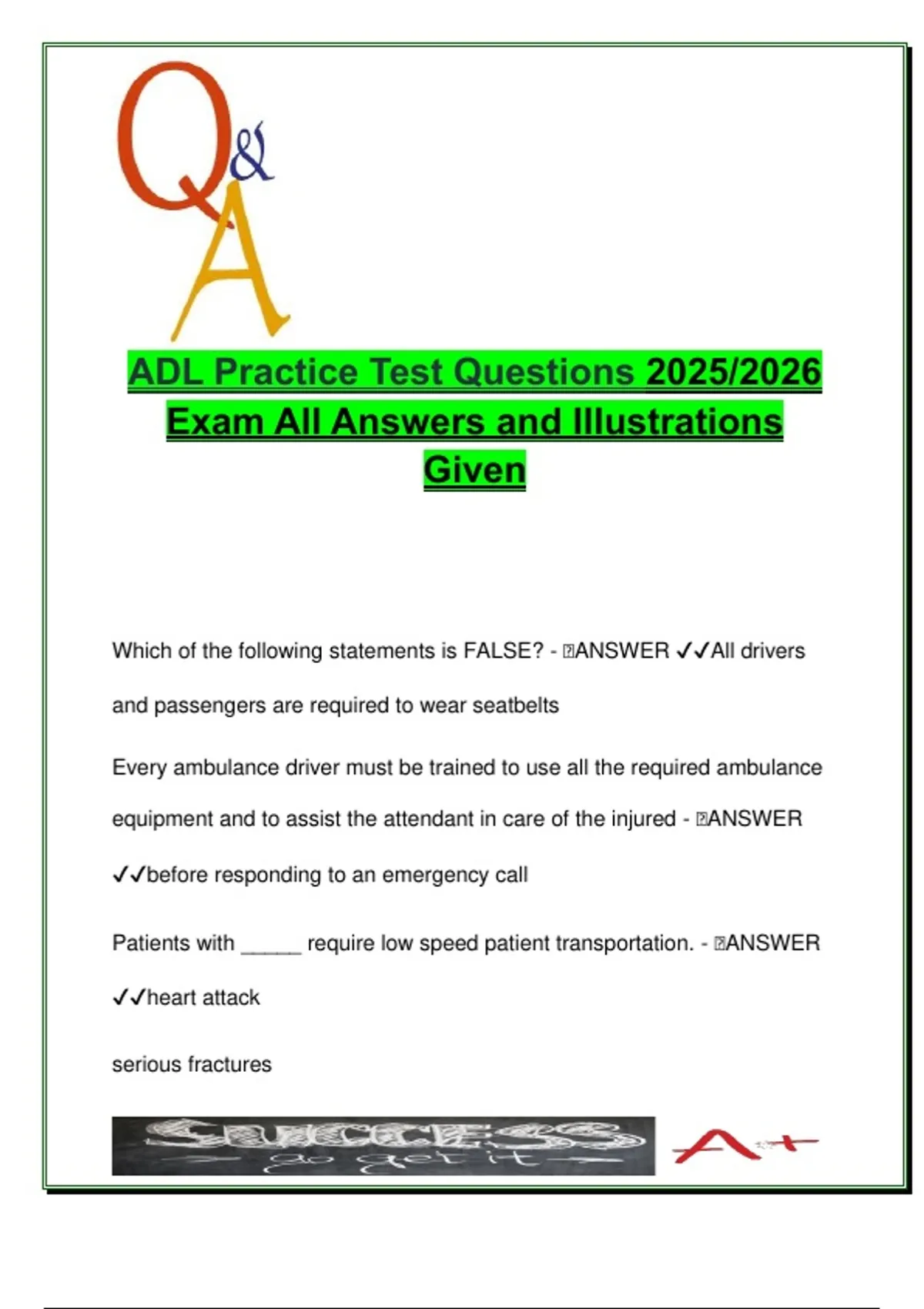 ADL 2025/2026 – 70 Practice Questions with Answers | EMT-1 | Ambulance ...