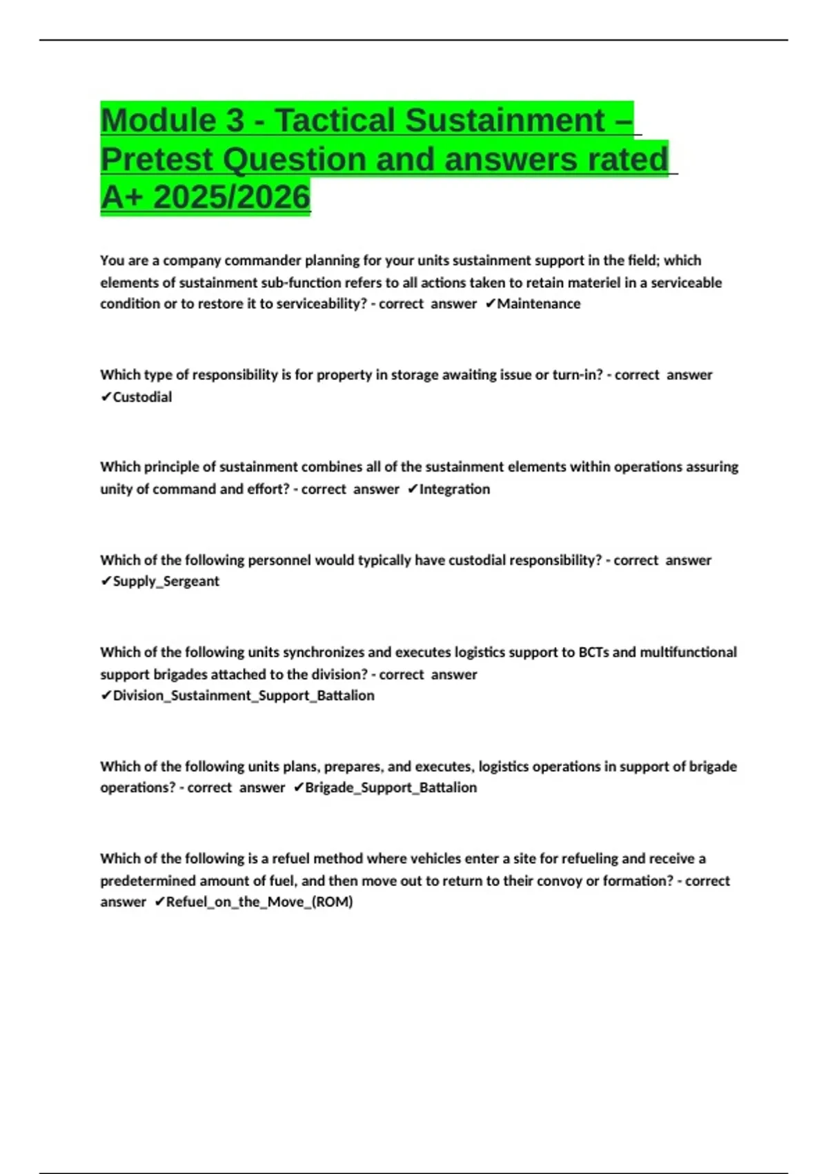 Module 3 - Tactical Sustainment – Pretest Question and answers rated A+ ...