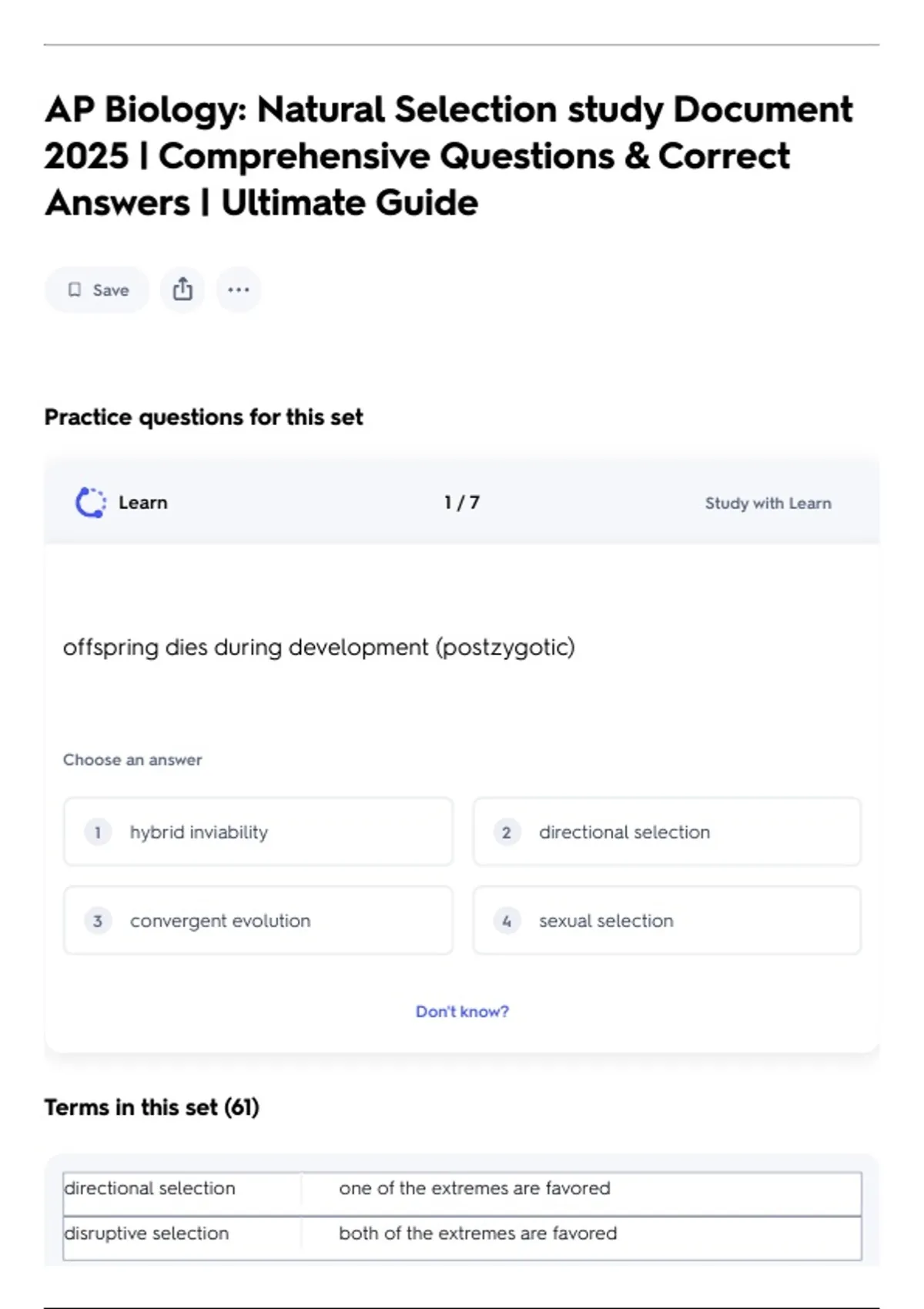 AP Biology: Natural Selection study Document 2025 | Comprehensive ...