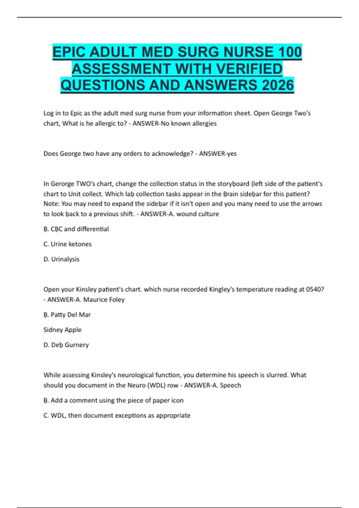 EPIC Adult Med Surg Nurse 100 – Assessment With Verified Questions and ...