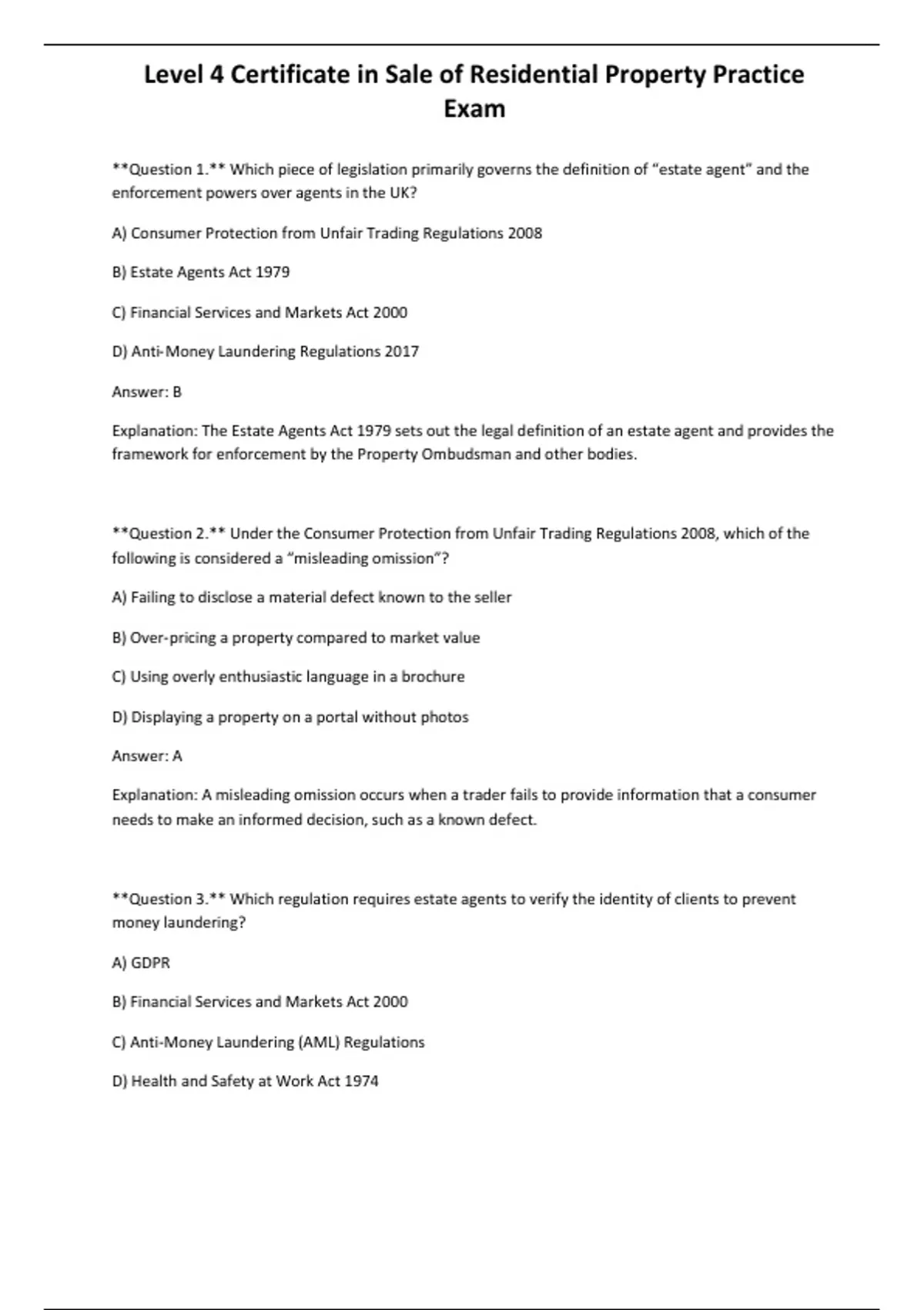 Level 4 Certificate in Sale of Residential Property Practice Exam ...