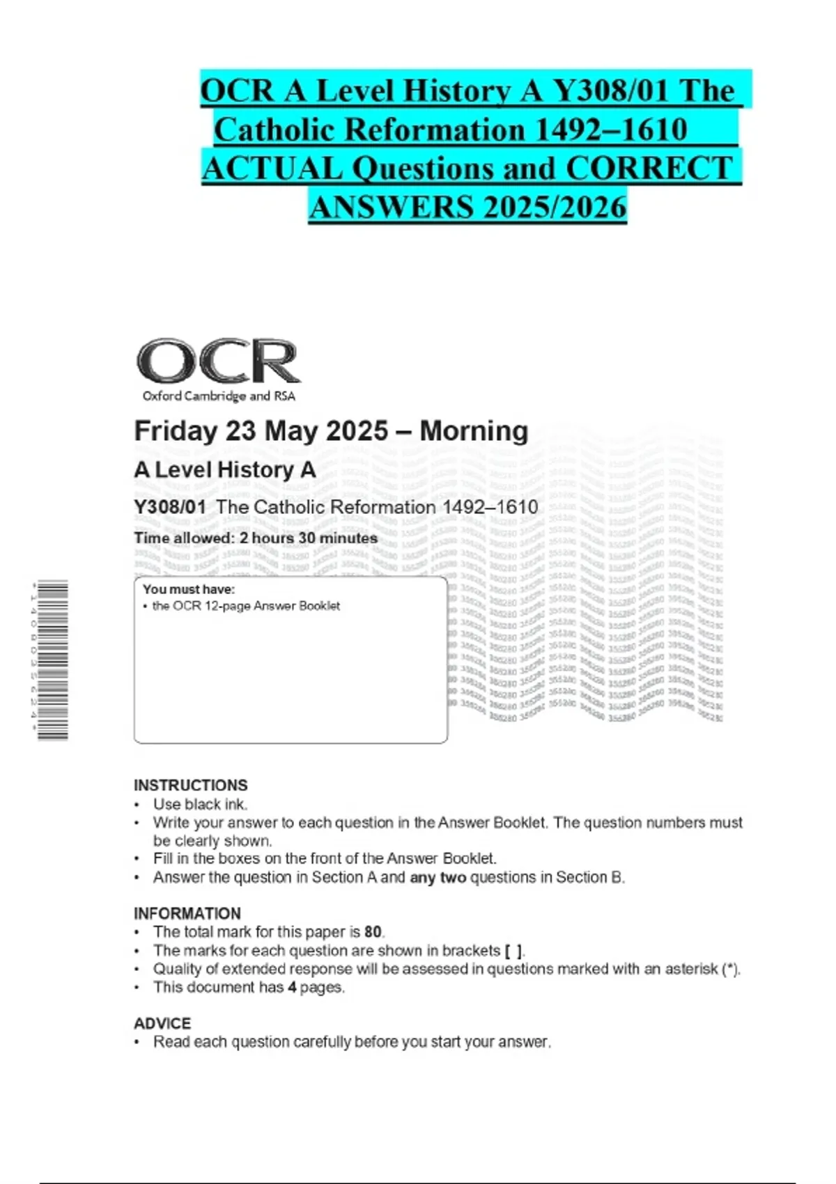 OCR A Level History A Y308/01 The Catholic Reformation 1492–1610 ACTUAL ...