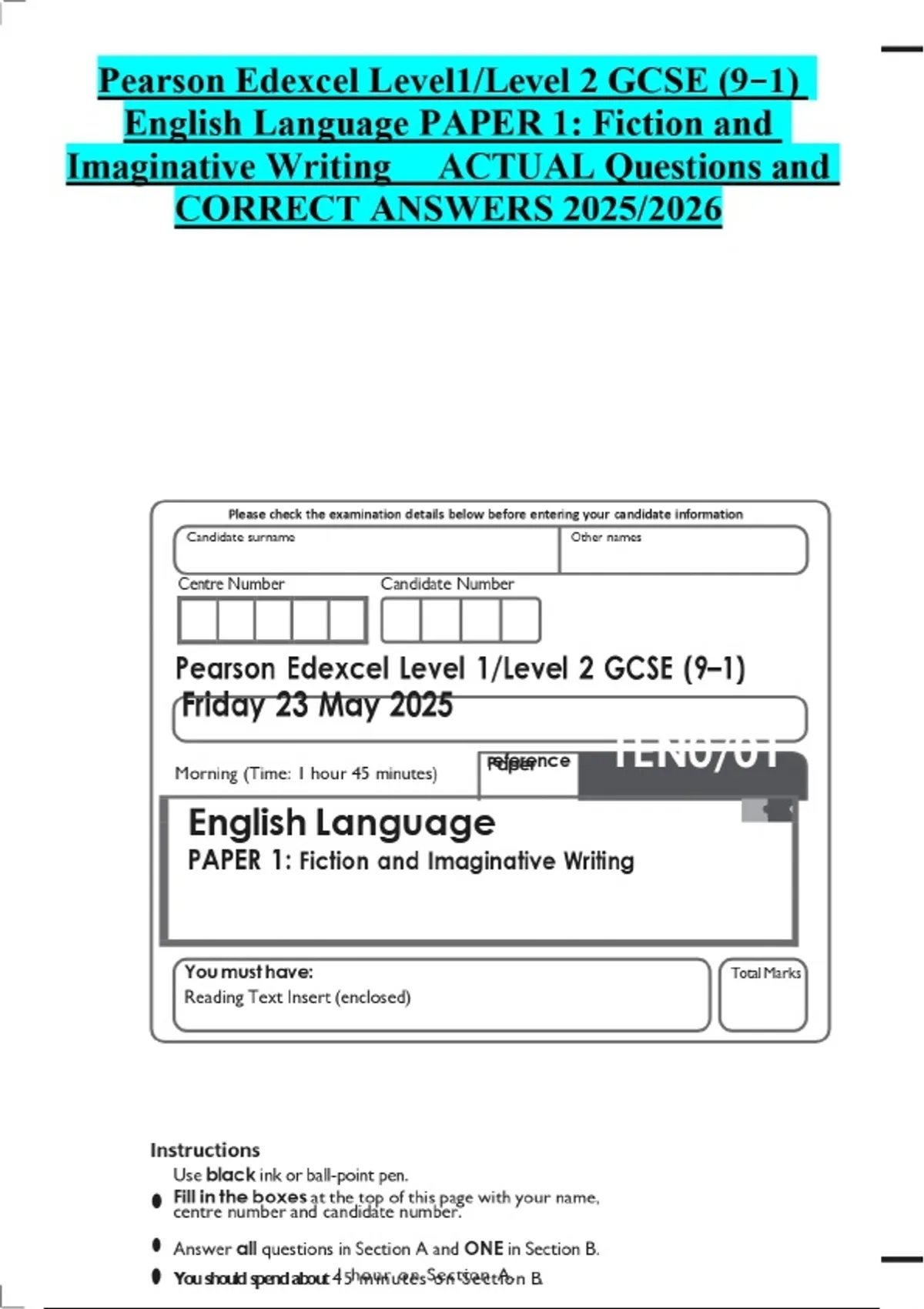 Pearson Edexcel Level1/Level 2 GCSE (9–1) English Language PAPER 1 ...